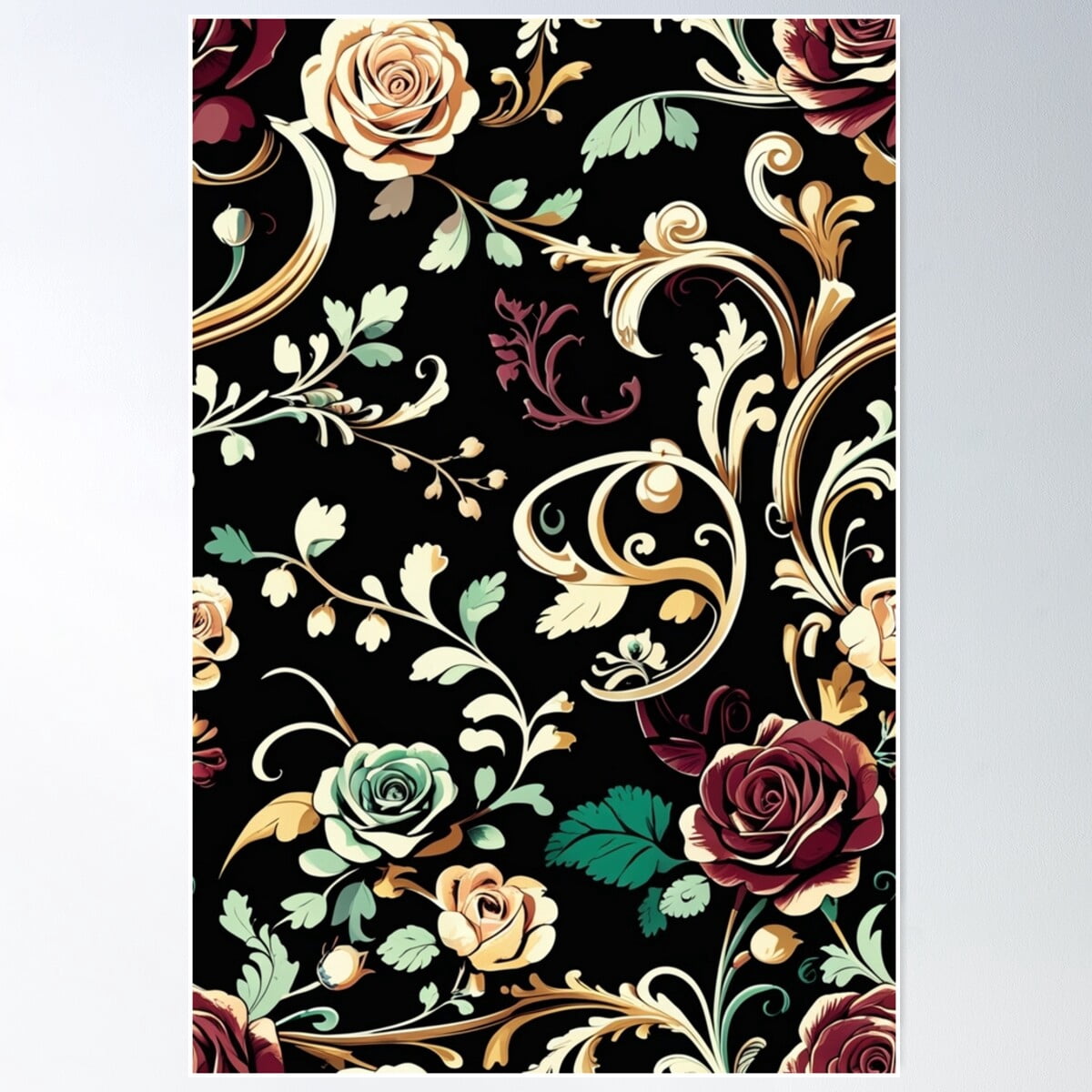 Baroque Floral Pattern – Ornate Vintage Roses & Acanthus Leaves Poster ...