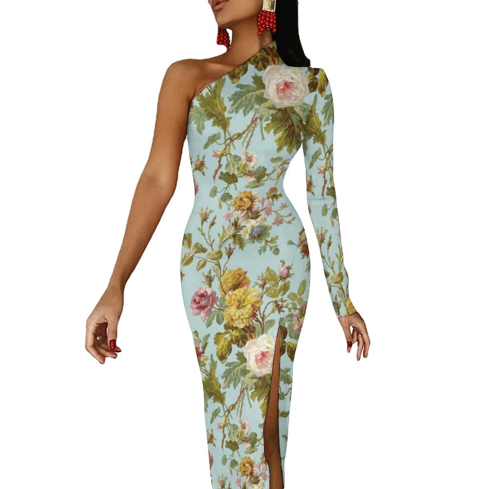 Baroque Floral Print Maxi Dress One Shoulder Colorful Flowers Party ...