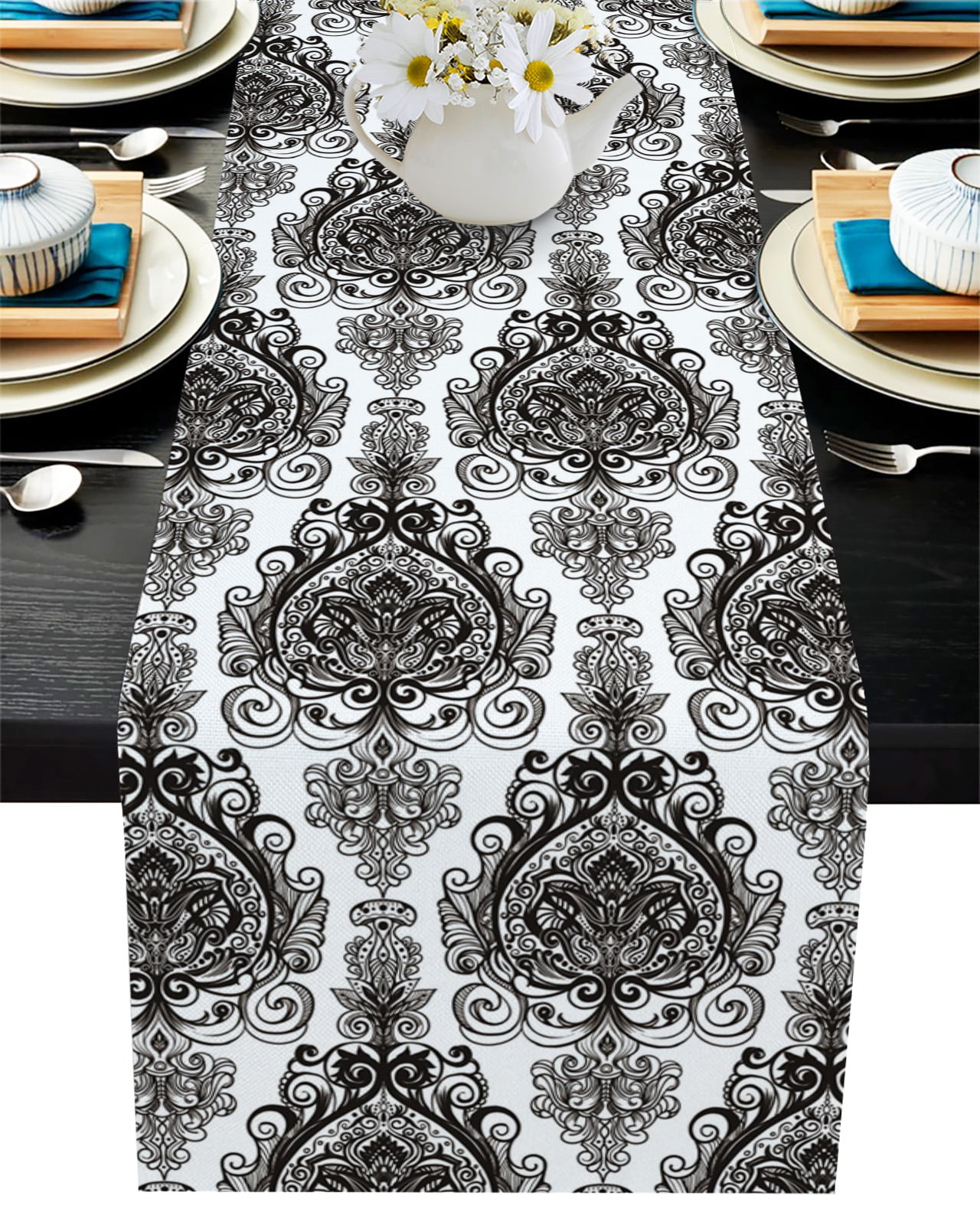 Baroque Flower Pattern Red Table Runner Kitchen r Tablecloth Placemat ...