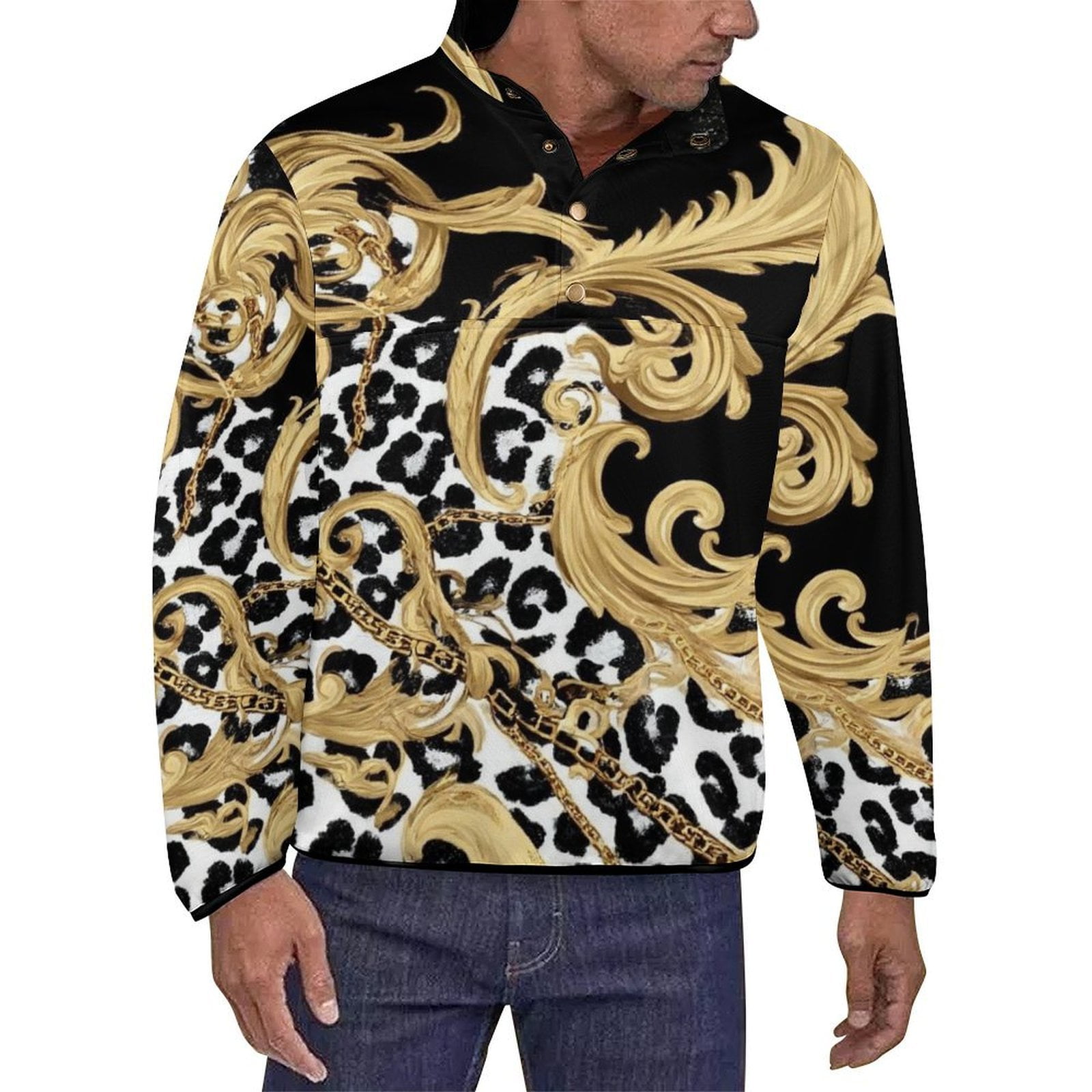 Baroque Gold Chains Leopard Print Men's Stand Collar Sweater Long ...