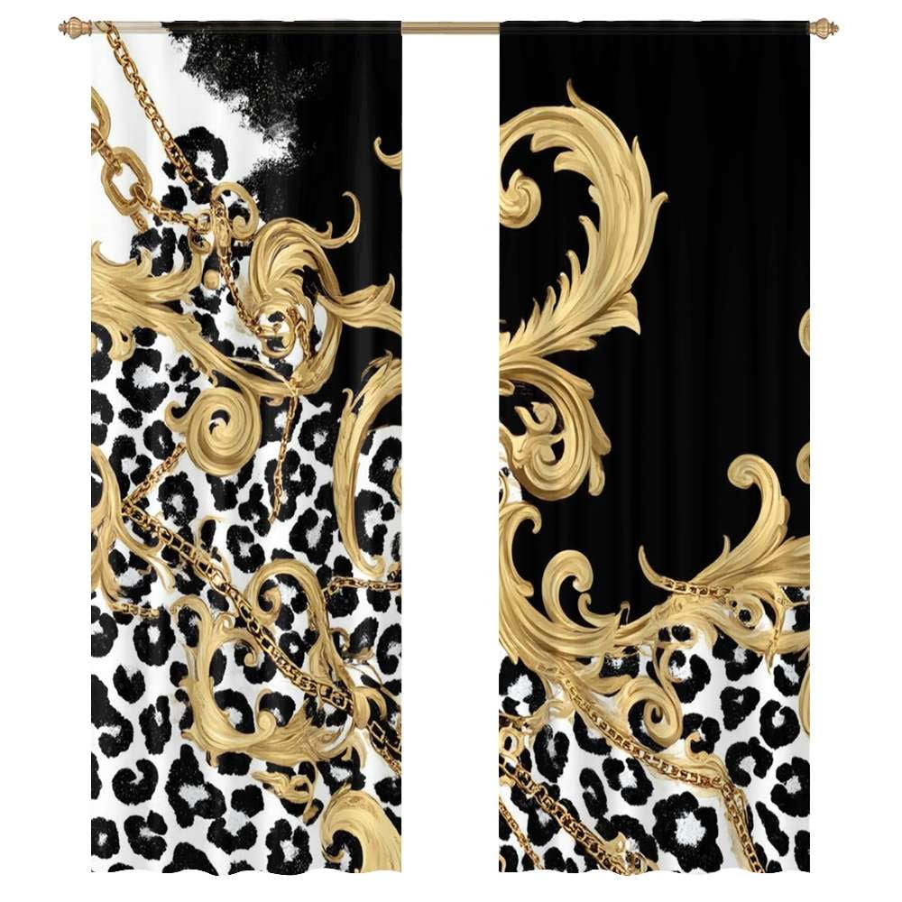 Baroque Gold Chains Leopard Print Sheer Voile Curtain Window Tulle ...