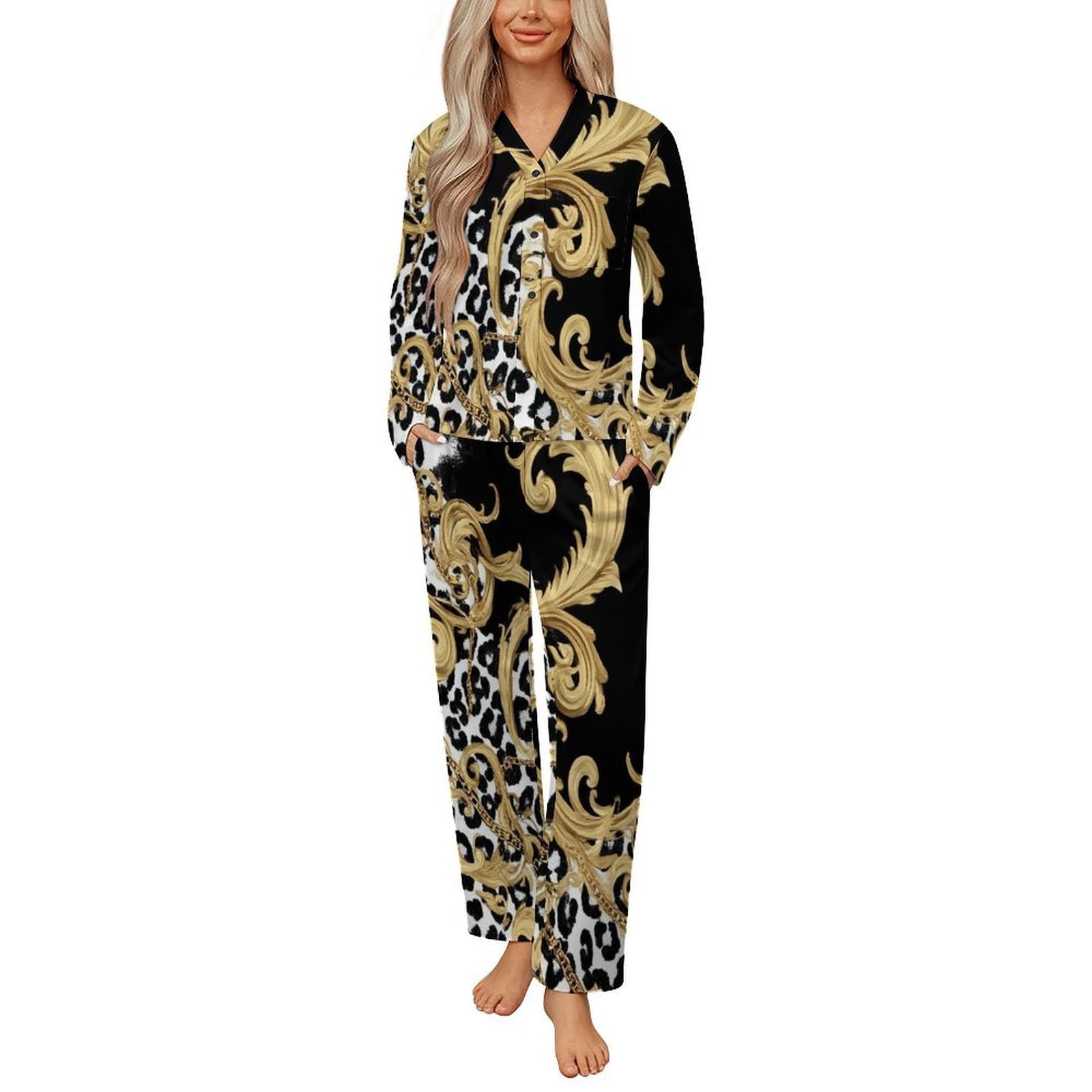 Baroque Gold Chains Leopard Print Womens Pyjamas Set Button Up Pyjamas ...