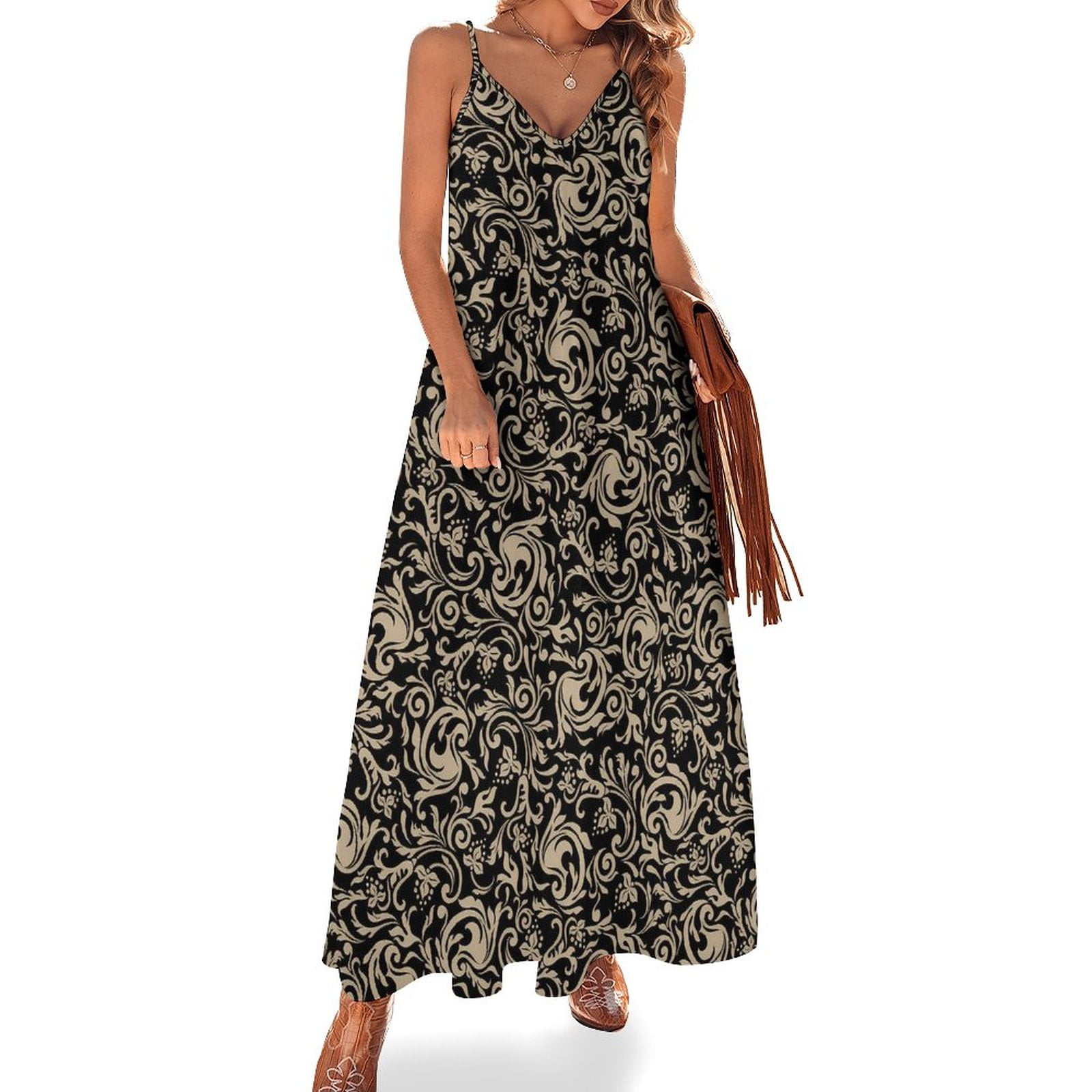 Baroque Leaf Dress Gold Floral Elegant Maxi Dress V Neck Boho Beach ...