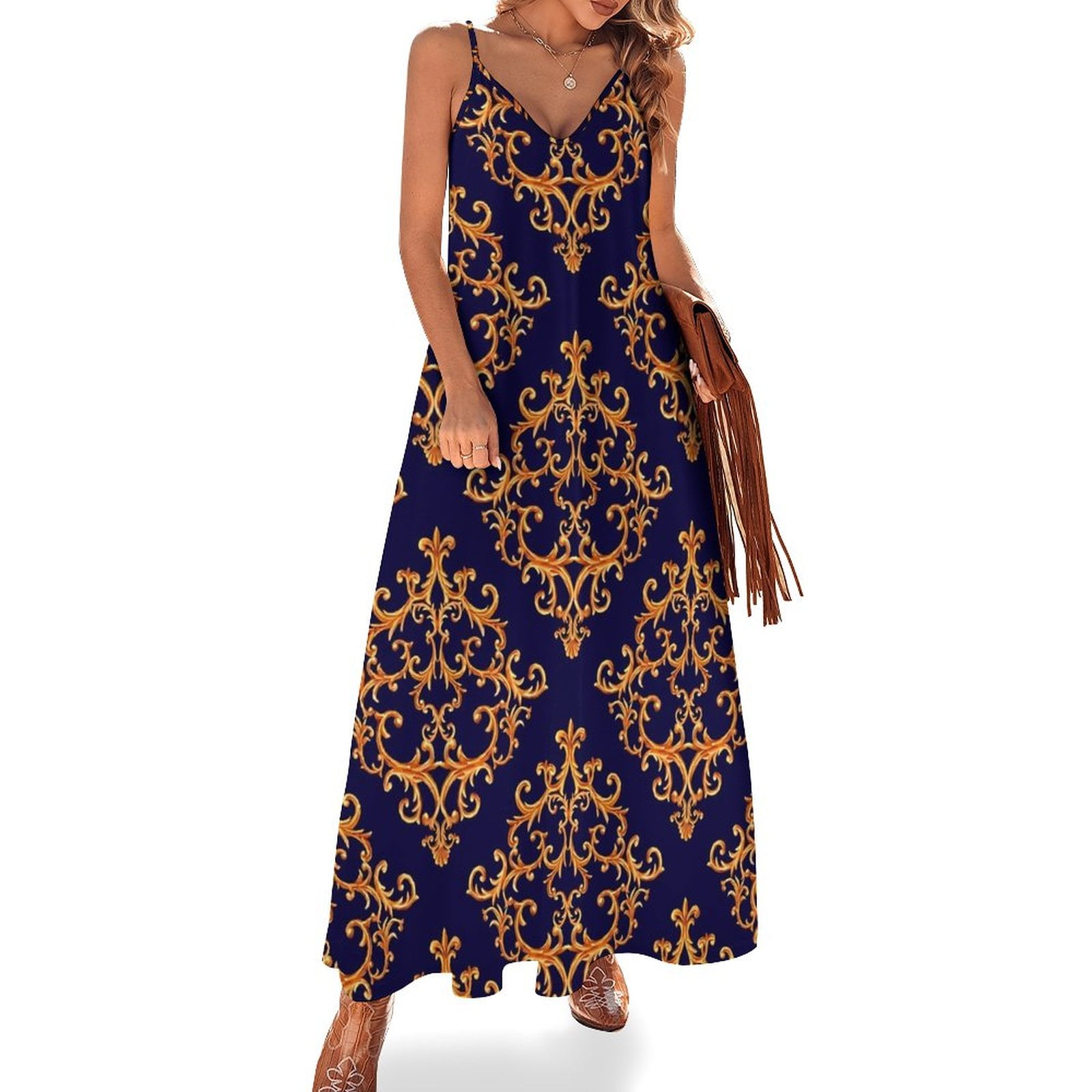 Baroque Leaf Dress Gold Floral Elegant Maxi Dress V Neck Boho Beach ...