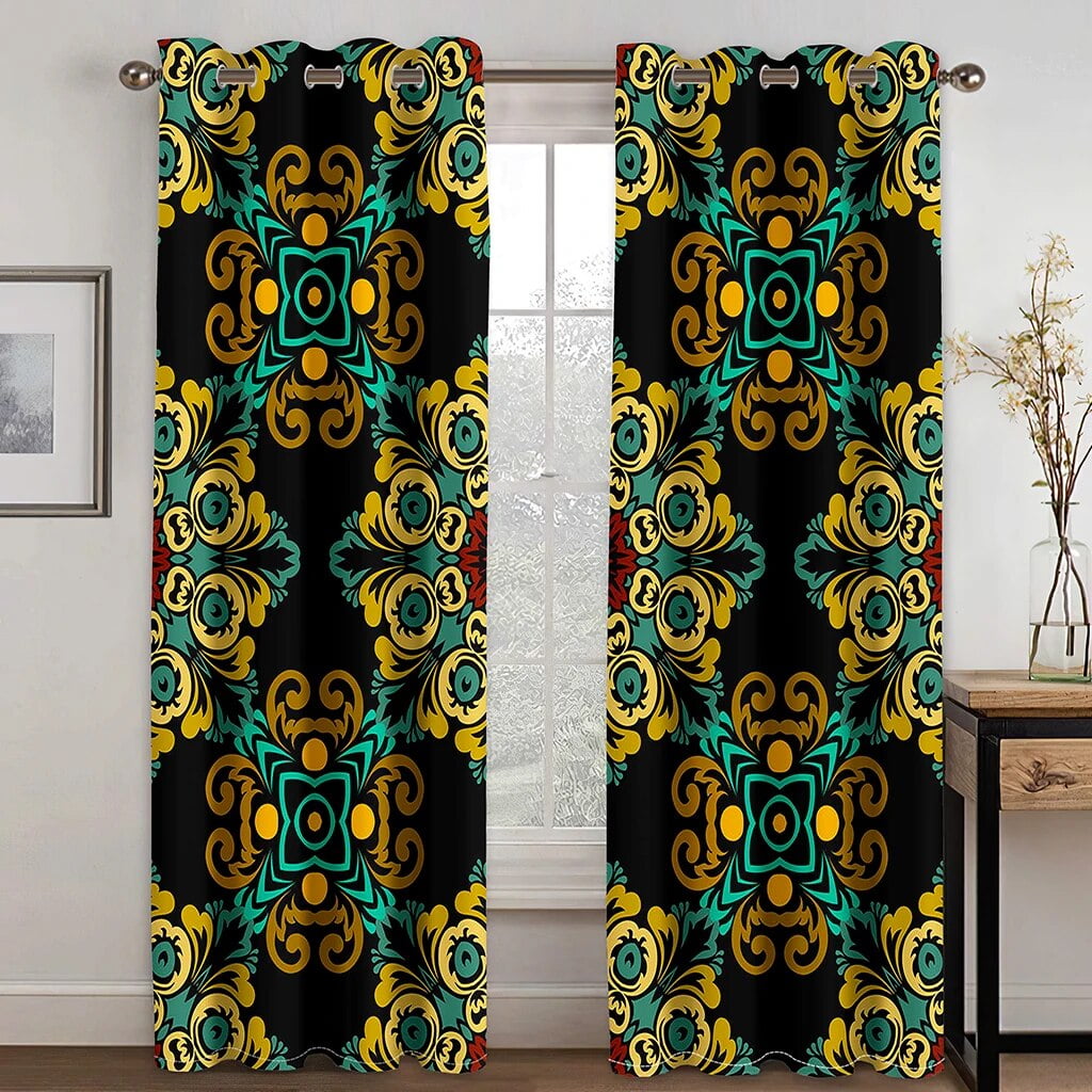 Baroque Modern Abstract Green Gold 2 Pieces Thick Curtains For Living ...