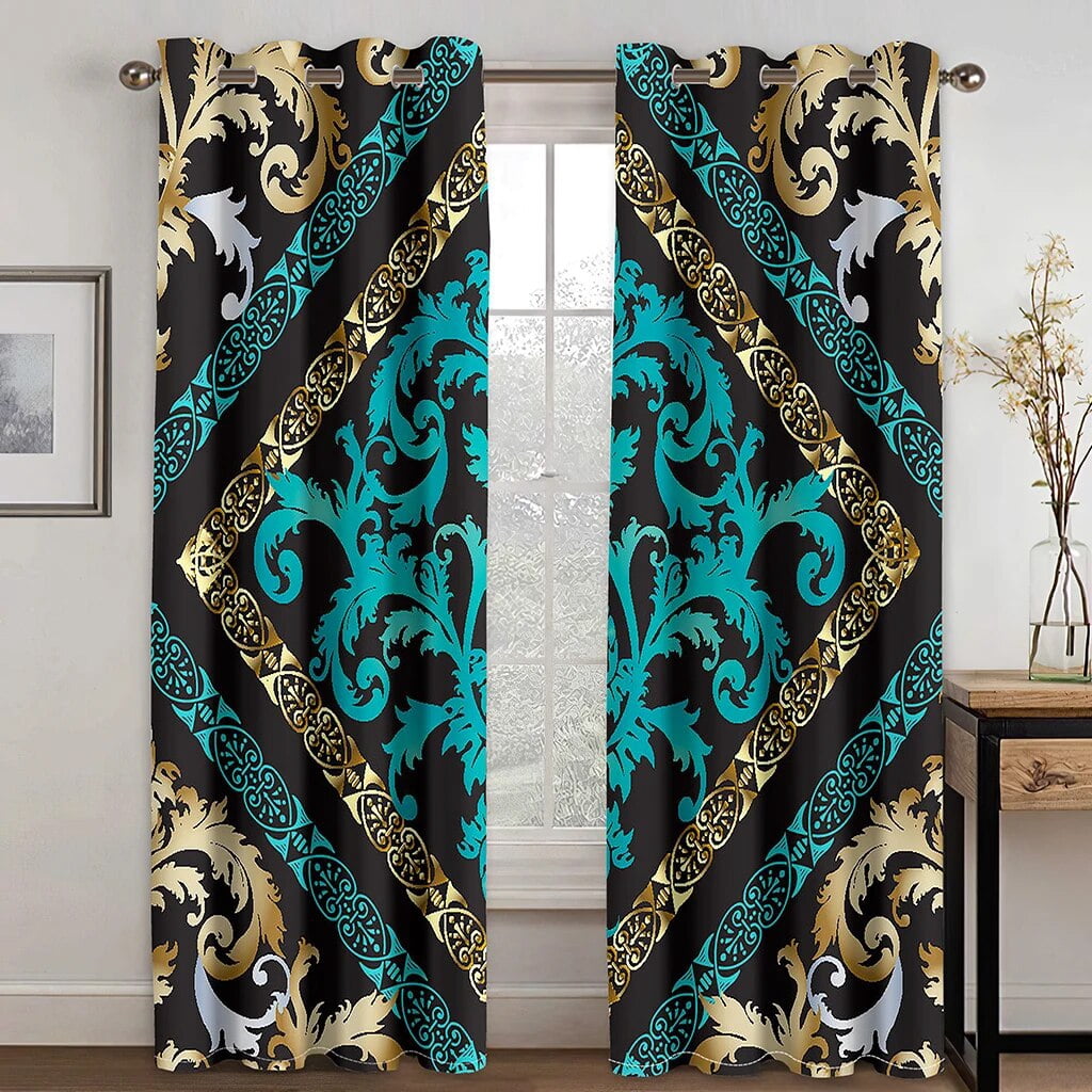 Baroque Modern Abstract Green Gold 2 Pieces Thick Curtains For Living ...