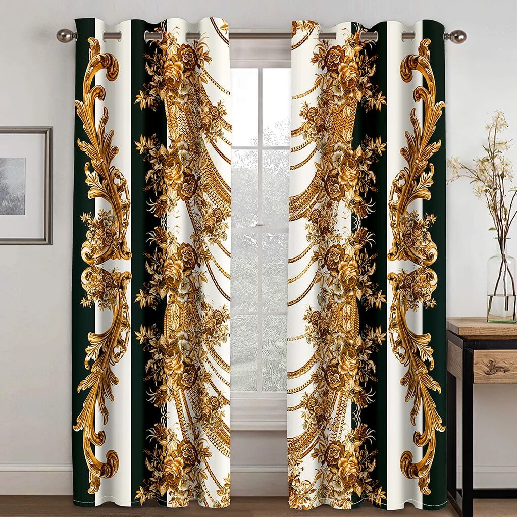 Baroque Modern Abstract Green Gold 2 Pieces Thick Curtains For Living ...