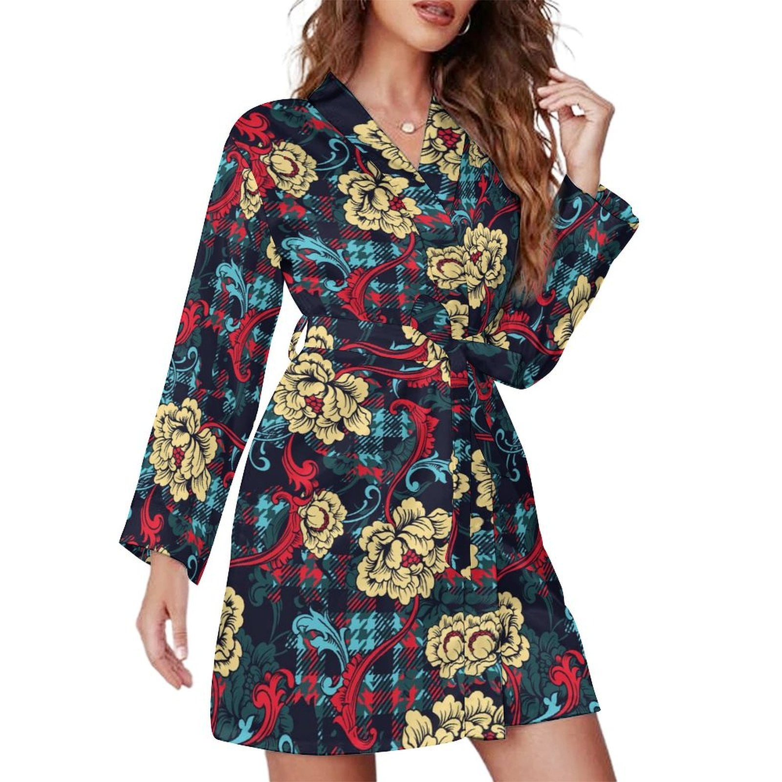 Baroque Ornament Night Robe Long Sleeve V Neck Robe With Belt Women's ...