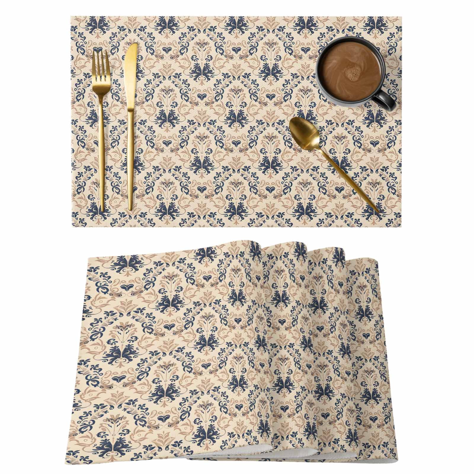 Baroque Pattern Cotton Linen Placemats Set of 2, Blue Pink Vintage ...