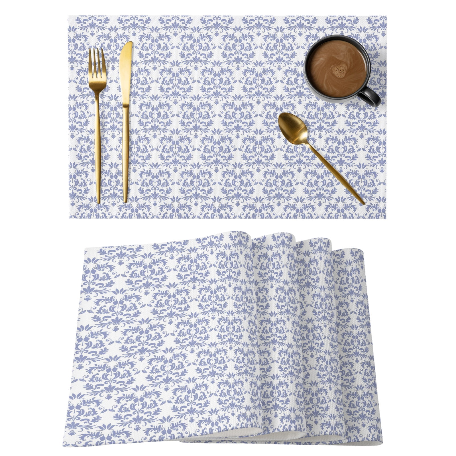 Baroque Pattern Cotton Linen Placemats Set of 4, Light Blue Vintage ...