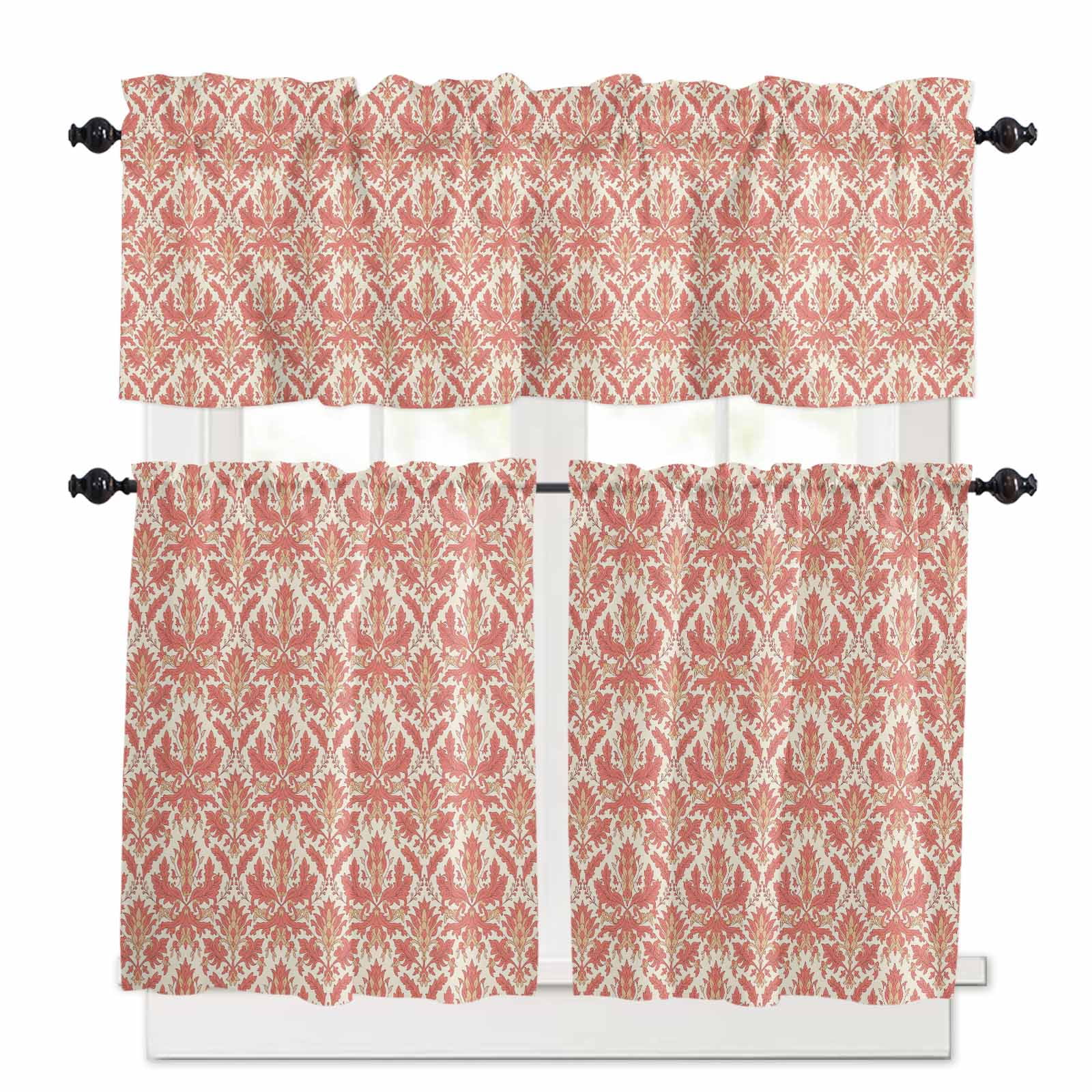 Baroque Pattern Kitchen Curtains Valance and Tier Set Red Vintage ...