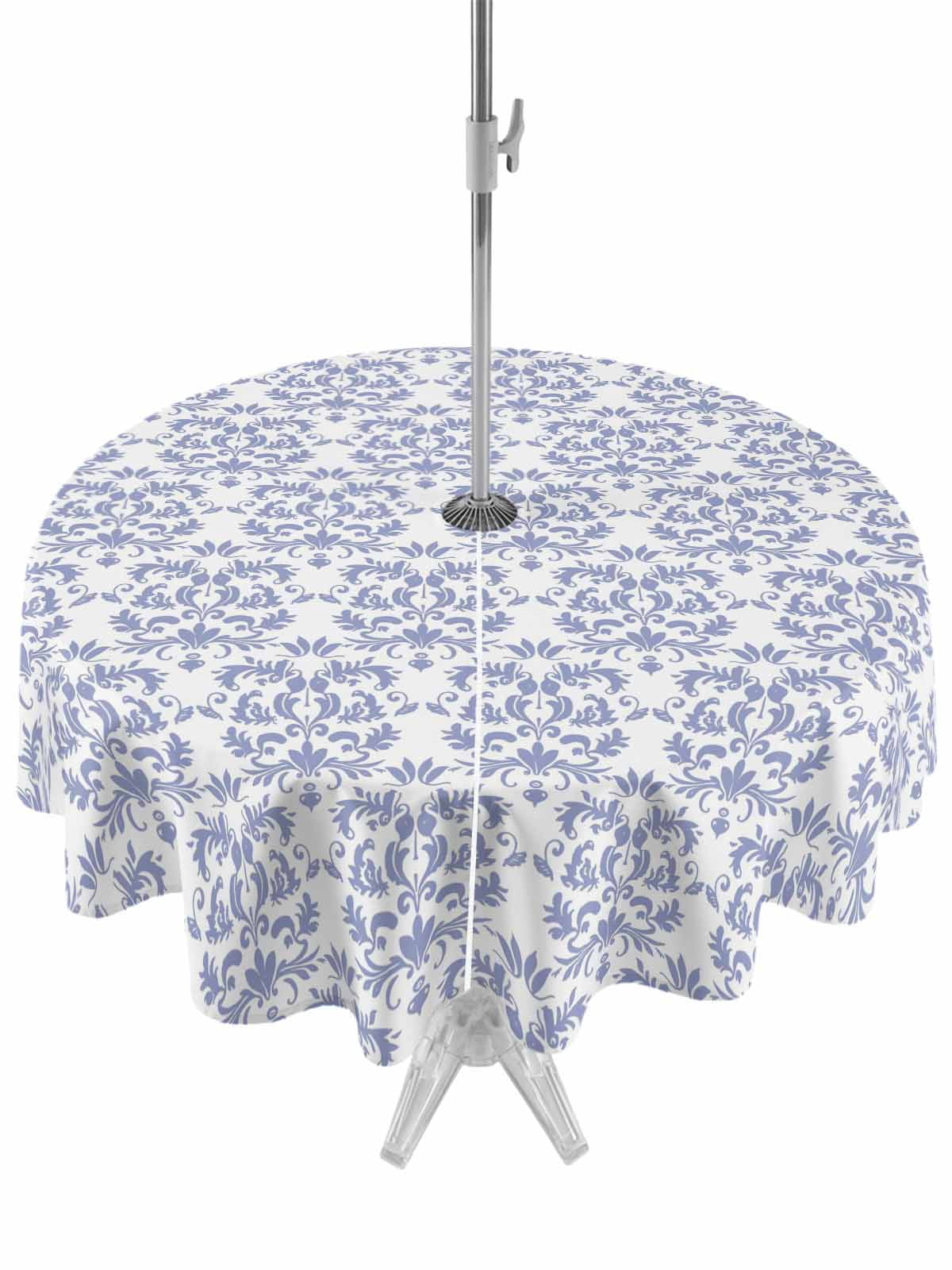 Baroque Pattern Round Outdoor Tablecloth with Umbrella Hole Light Blue ...