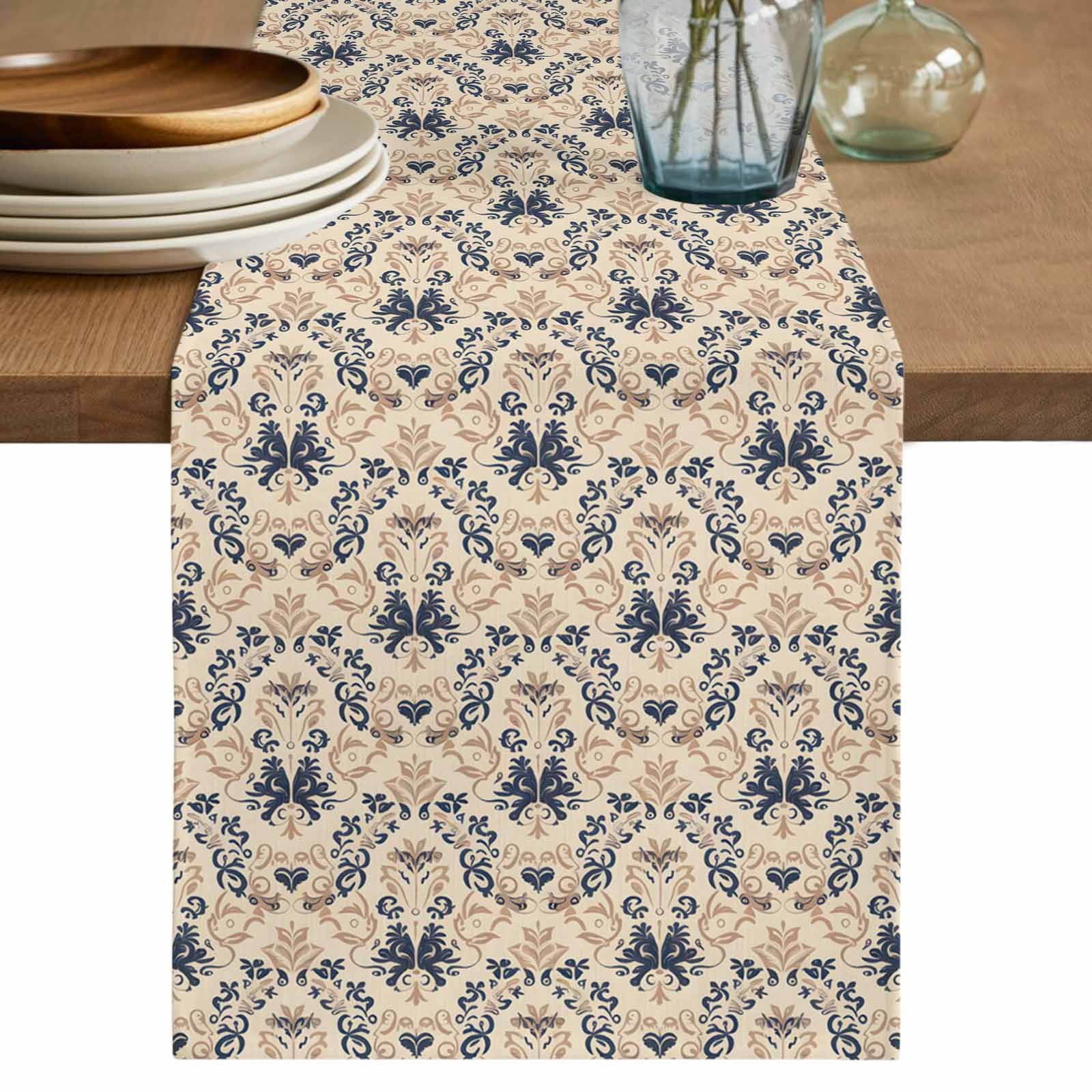 Baroque Pattern Table Runner, Blue Pink Vintage Abstract Flowers ...