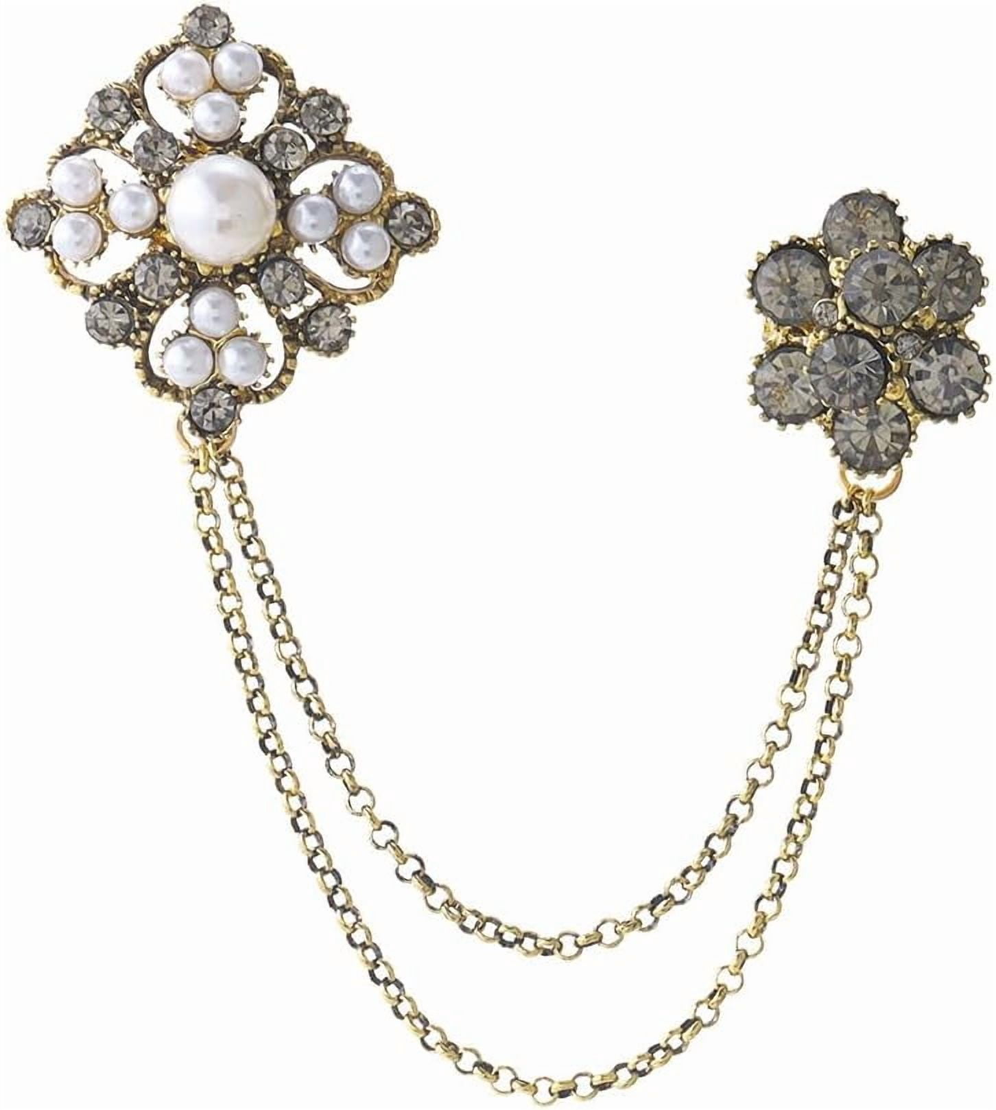 Baroque Pearl Rhinestone Flower Chain Brooch Pin for Women Men Gold ...