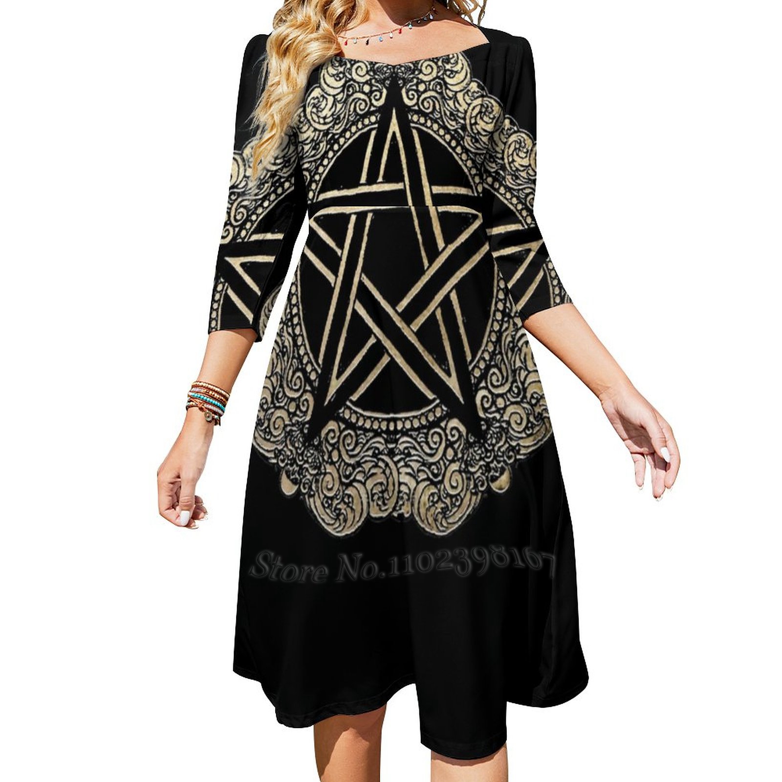 Baroque Pentacle Flare Dress Square Neck Dress Elegant Female Fashion ...