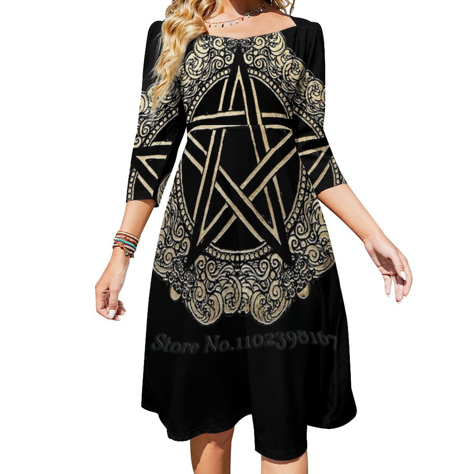 Baroque Pentacle Flare Dress Square Neck Dress Elegant Female Fashion ...
