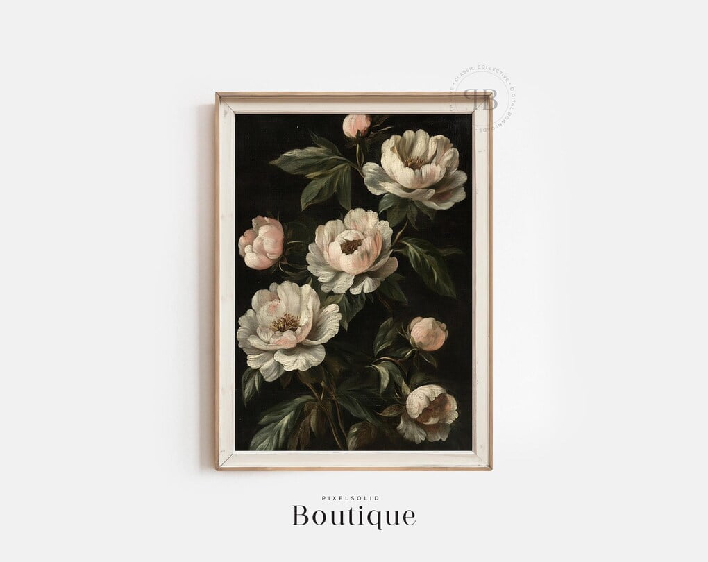 Baroque Peony Floral Digital Print, Dark Botanical Wall Art, Pink And ...