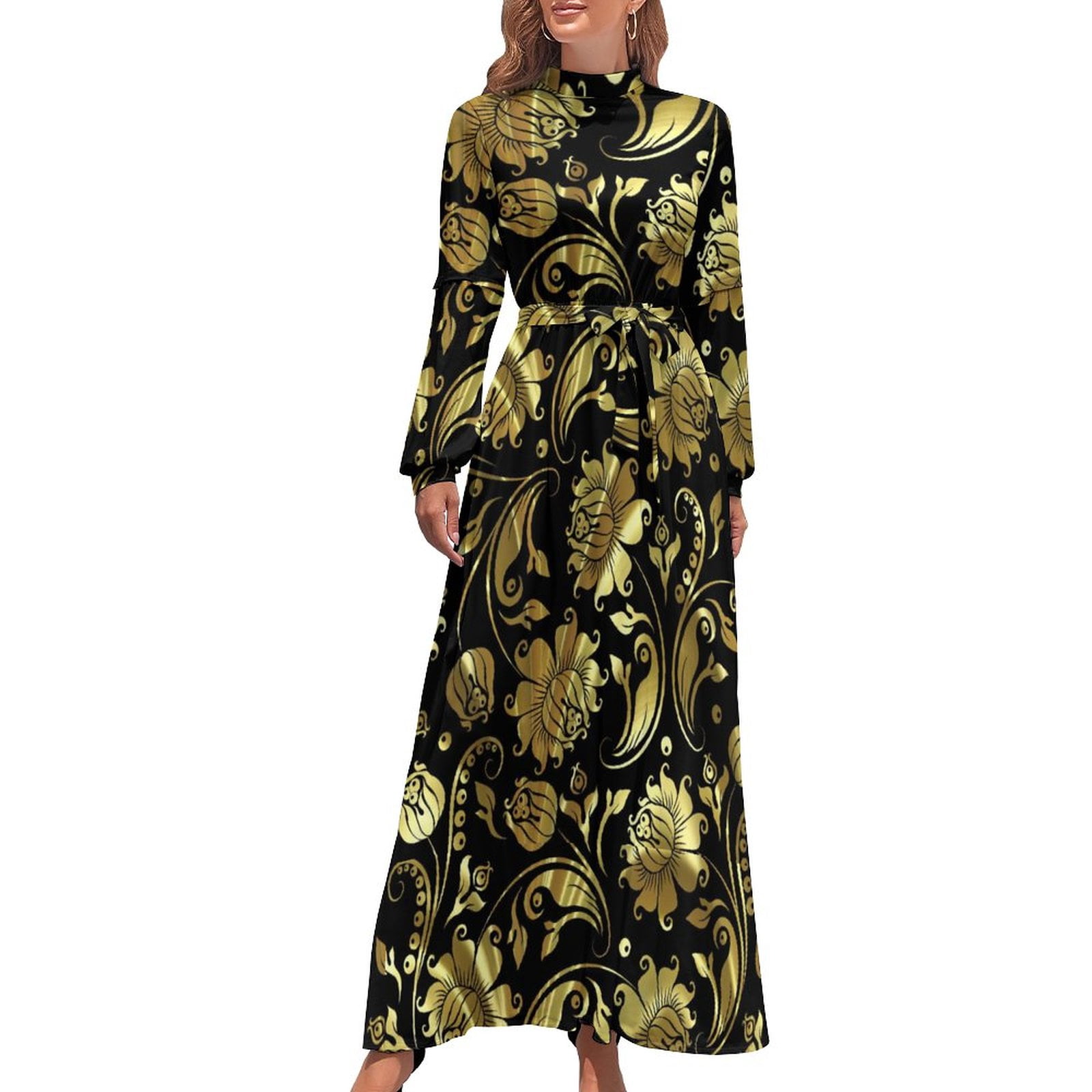 Baroque Print Dress Long Sleeve Tropical Palm Leaves Kawaii Maxi Dress ...