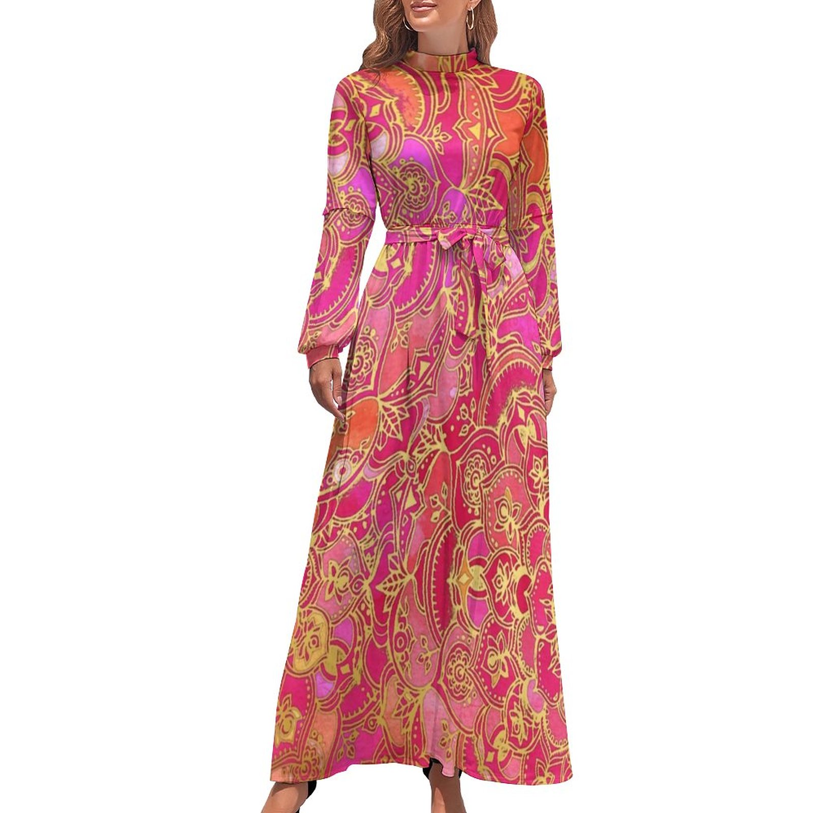 Baroque Print Dress Long Sleeve Tropical Palm Leaves Kawaii Maxi Dress ...