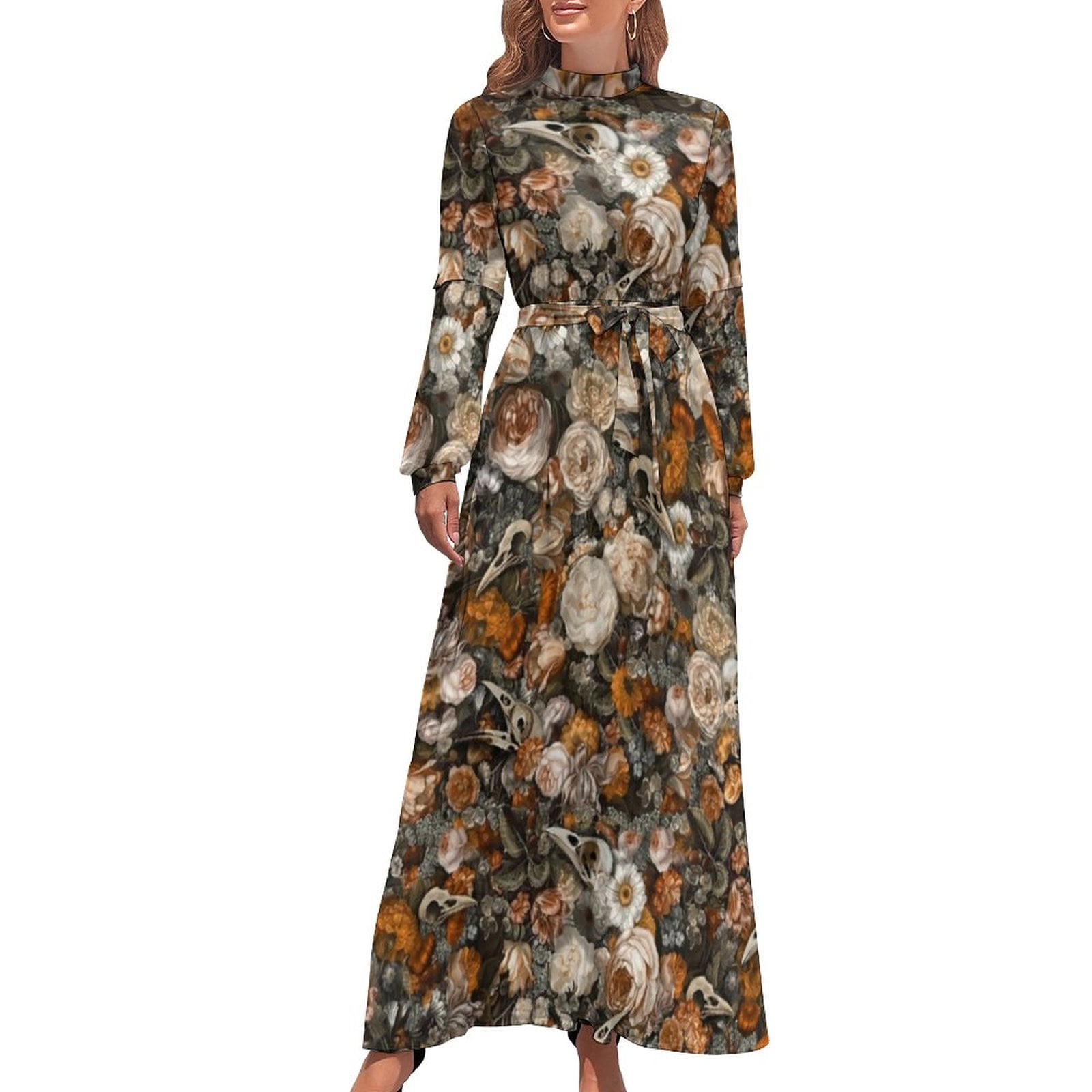 Baroque Print Dress Long Sleeve Tropical Palm Leaves Kawaii Maxi Dress ...