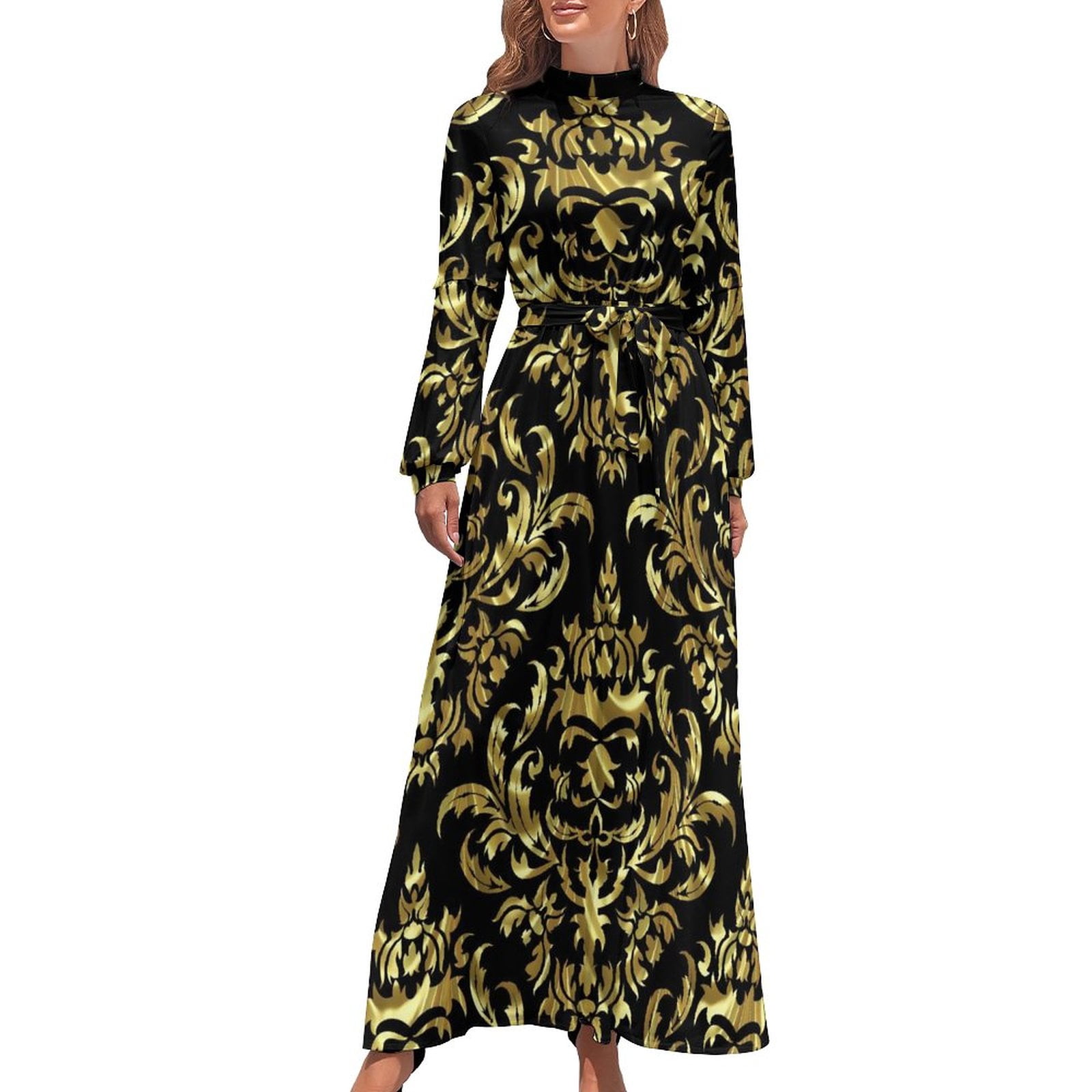 Baroque Print Dress Long Sleeve Tropical Palm Leaves Kawaii Maxi Dress ...