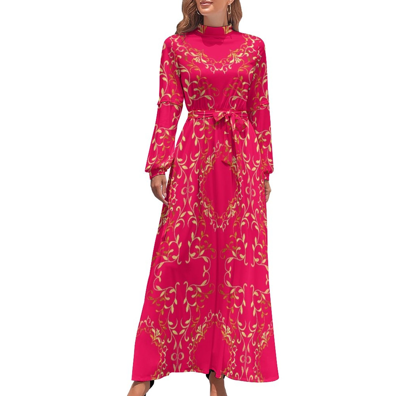Baroque Print Dress Long Sleeve Tropical Palm Leaves Kawaii Maxi Dress ...