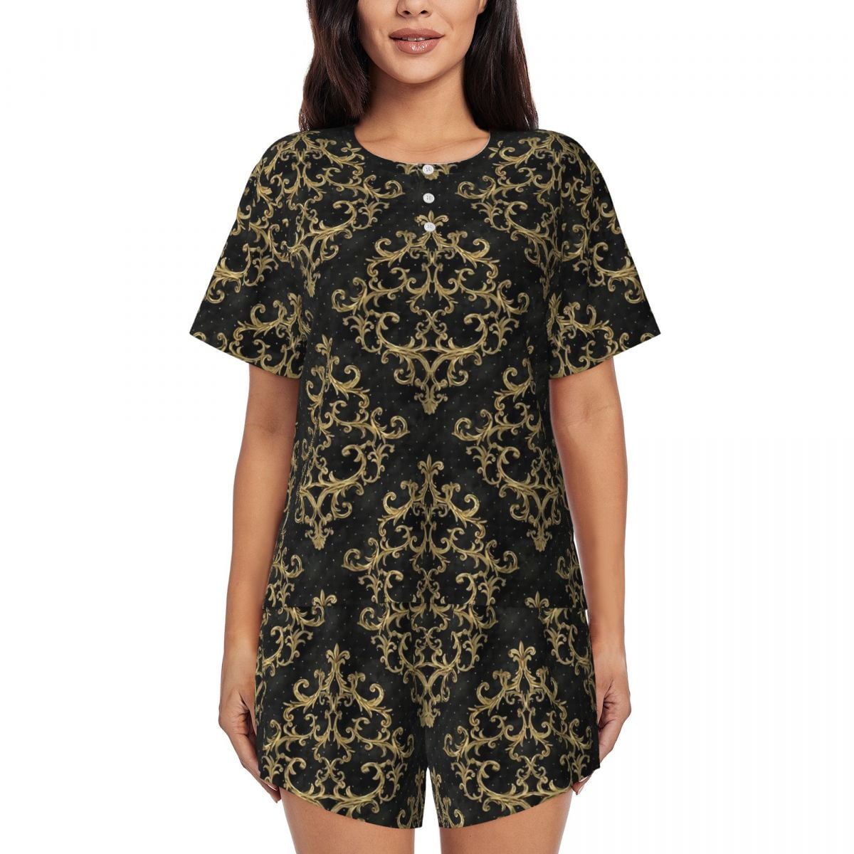 Baroque Print Pajamas Women White Floral Vintage Nightwear Summer Short ...