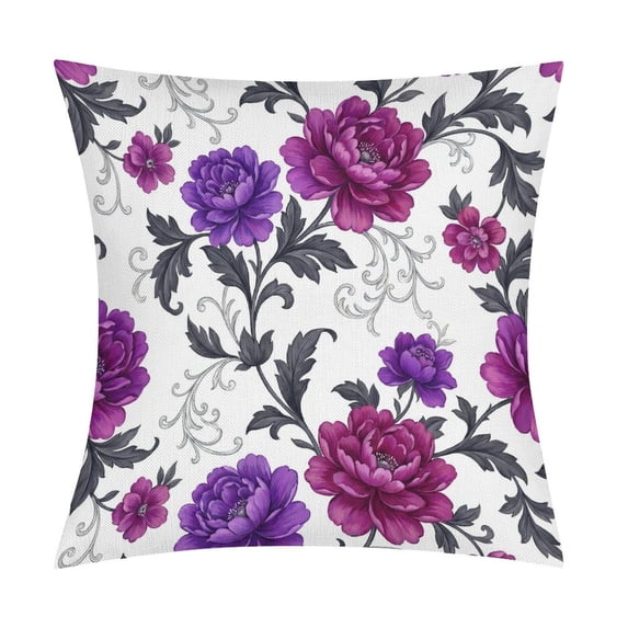 Baroque Purple Peony Garden with Ornate Scrollwork LeavesFaux Linen ...