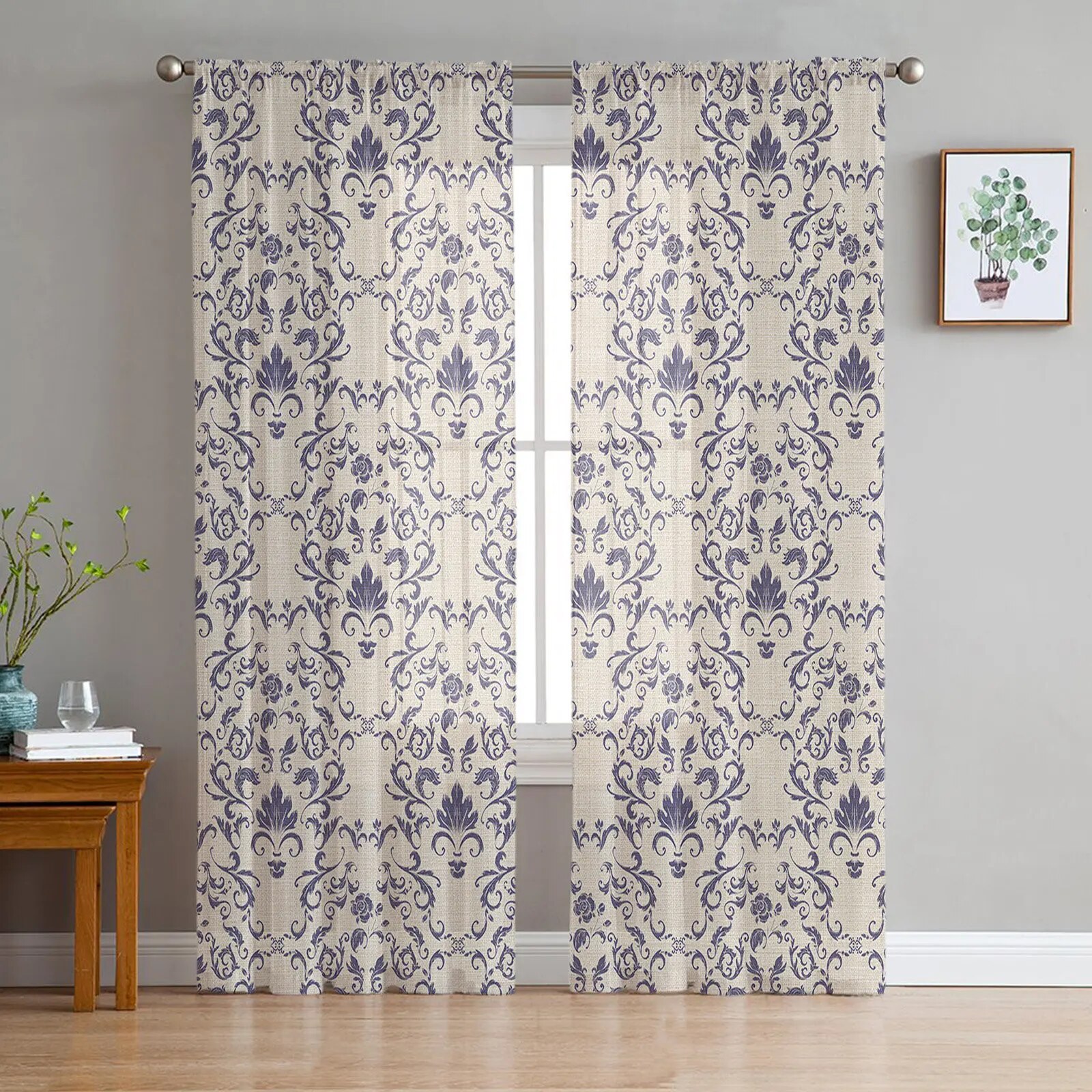 Baroque Retro Pattern Tulle Curtains Balcony Room Fashion Printed Sheer ...