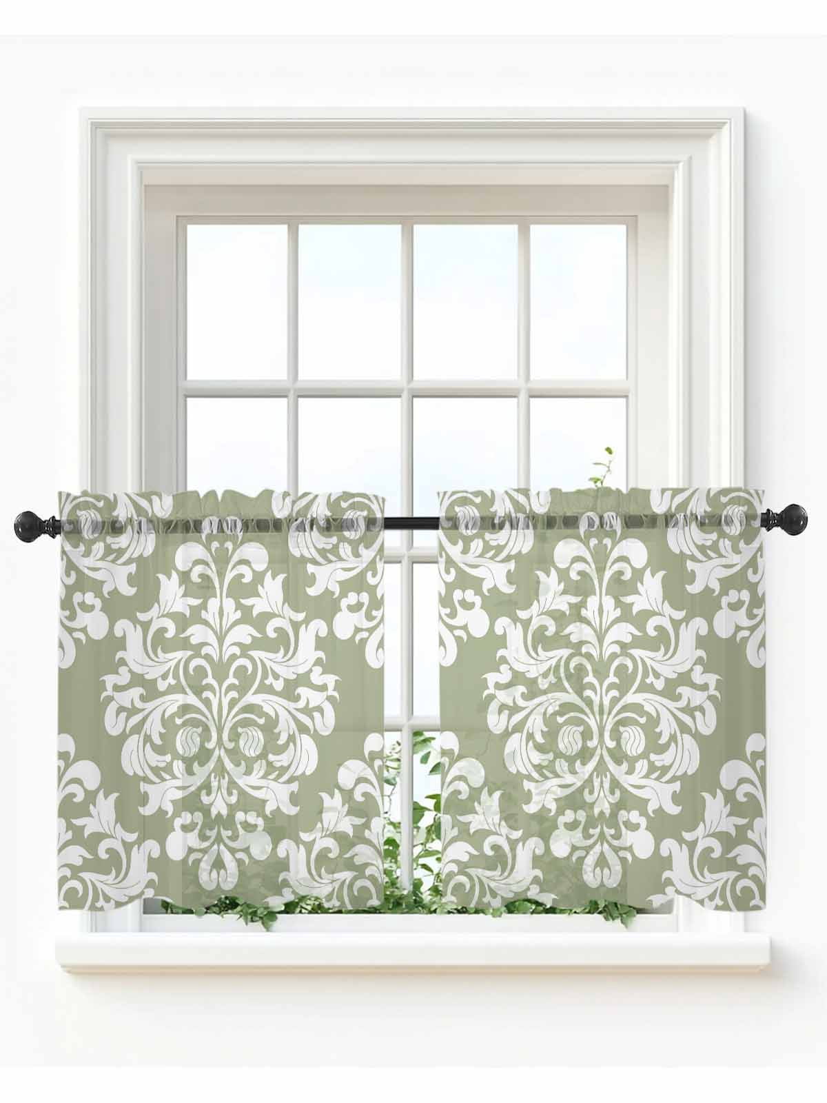 Baroque Sage Green Tier Curtains 24 Inch Length,Sheer Curtains for ...