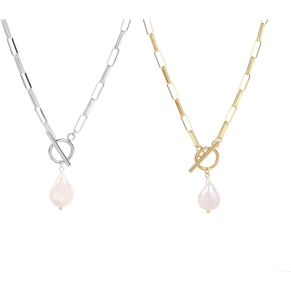 Baroque Silvery Freshwater Pearl Long Pendant Necklace Paperclip Toggle ...