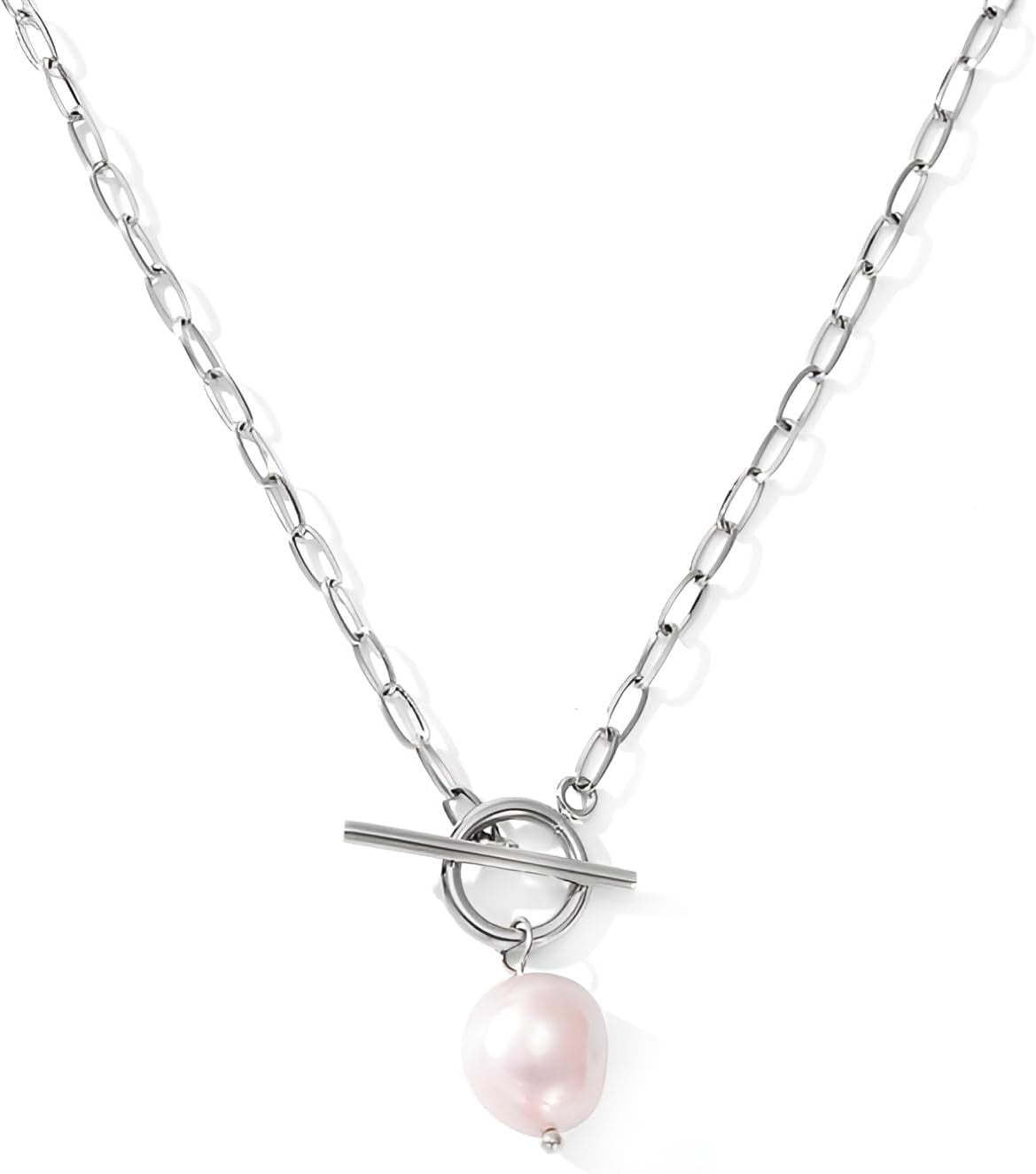 Baroque Silvery Freshwater Pearl Long Pendant Necklace Paperclip Toggle ...