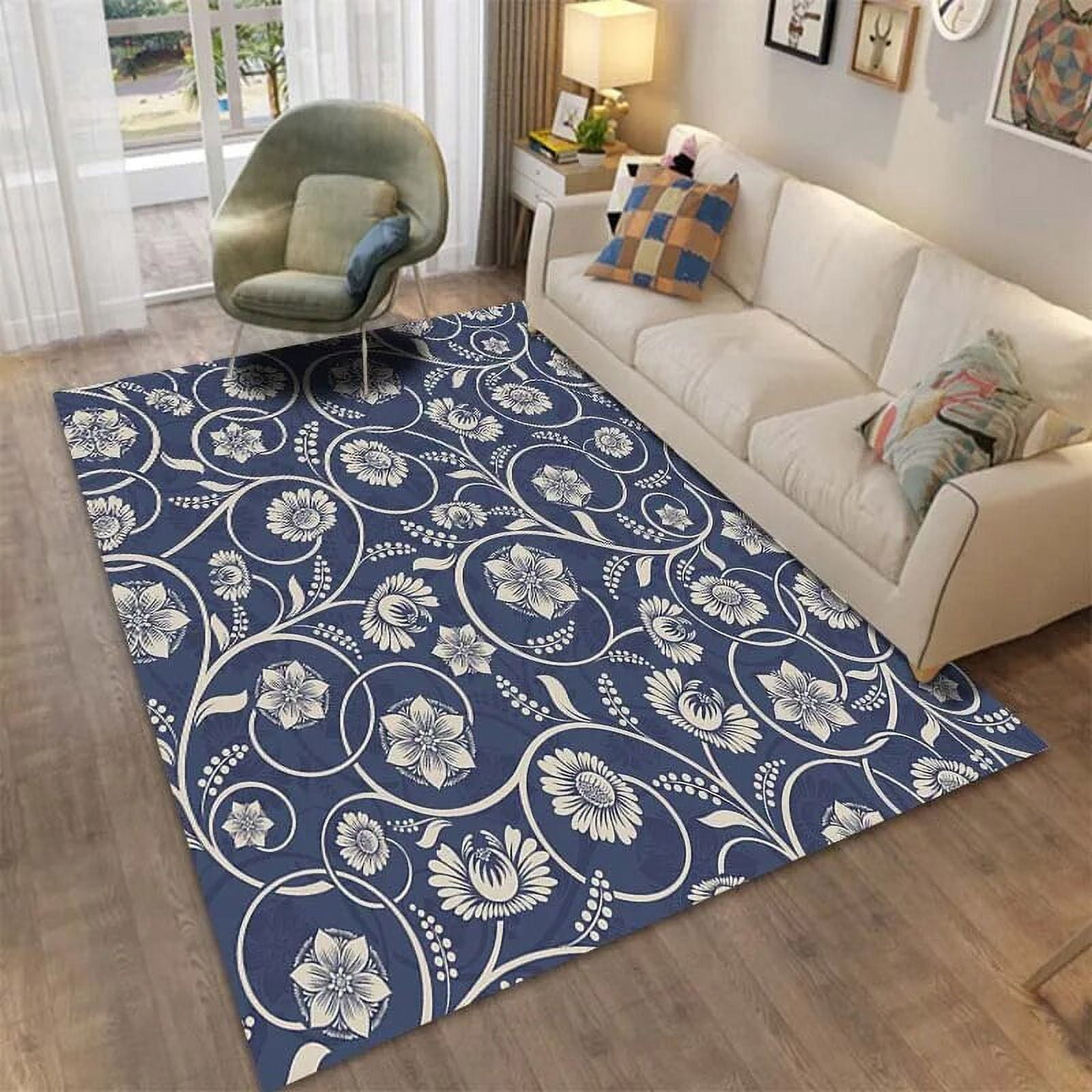 Baroque Style Blue Print Rug Bedroom Home Decor Living Room Carpet Anti ...