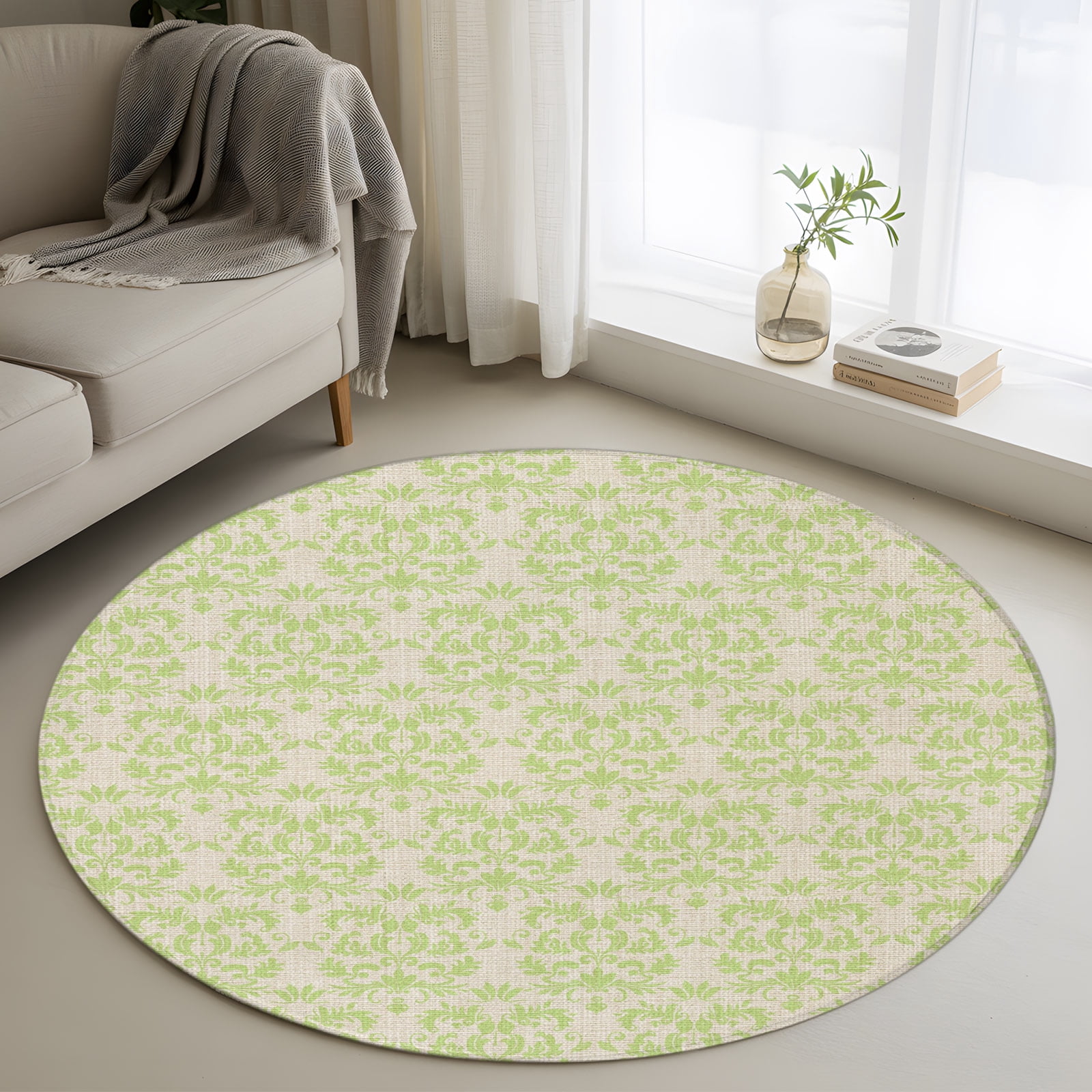 Baroque Style Round Rug 3.3 ft Baroque Flower Texture Green Linen Soft ...