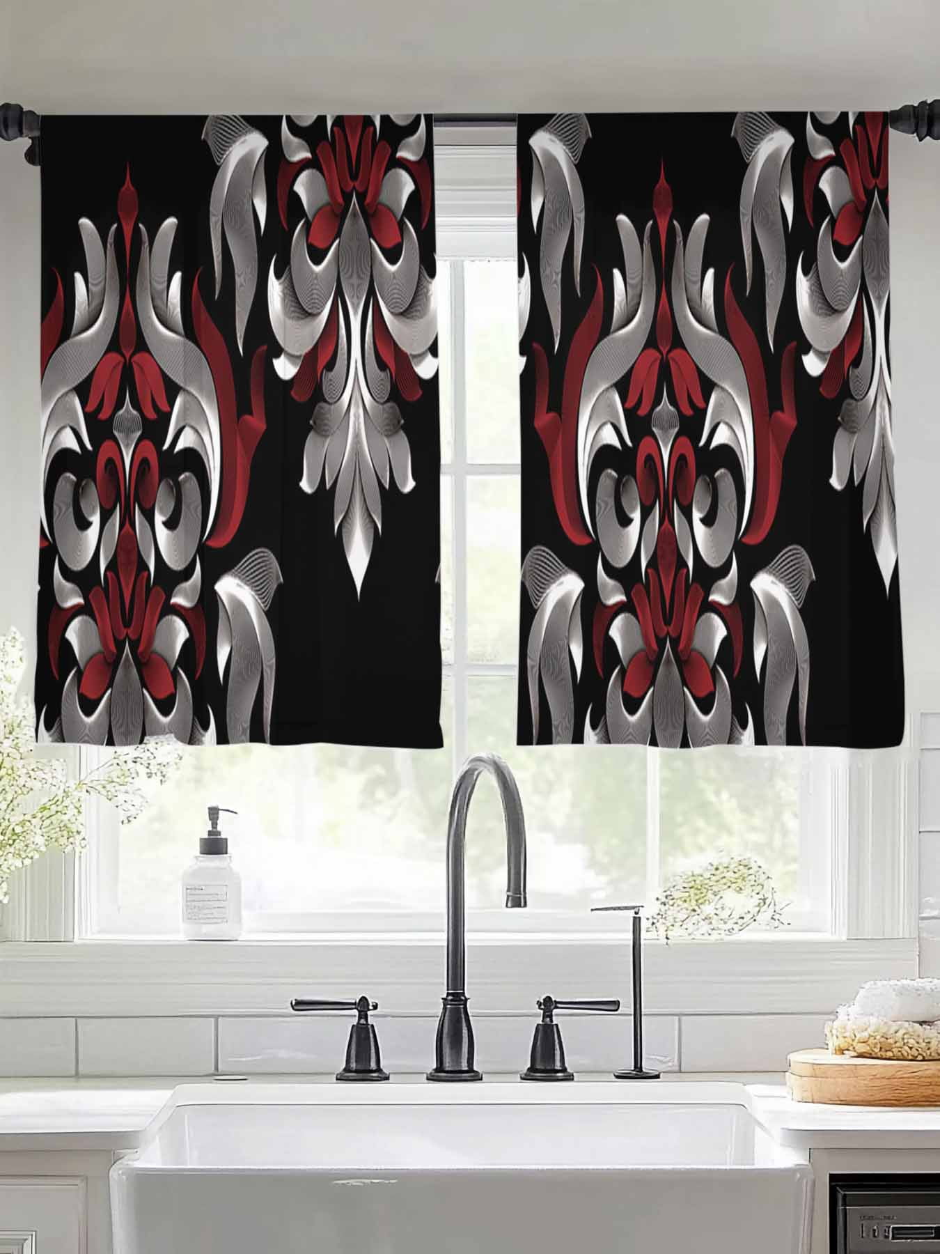 Baroque Style Sheer Curtains 45 Inches Long 2 Panels Abstract Red White ...