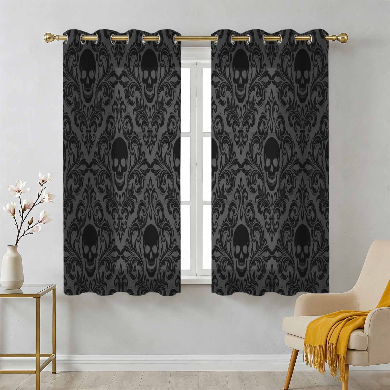 Baroque Style Sheer Curtains 54 Inch Long 2 Panels, Grey Black Skull ...