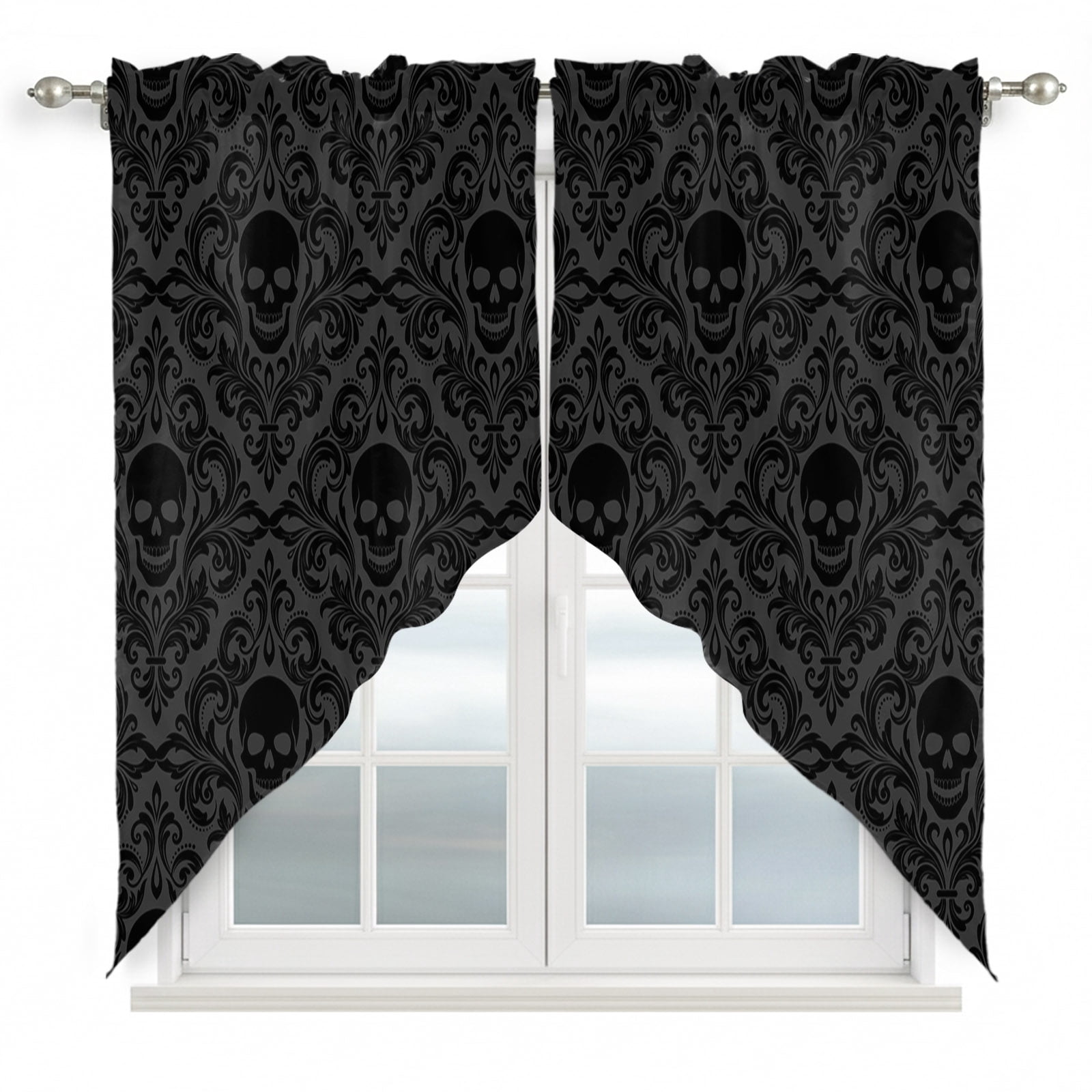Baroque Style Swag Curtain Valance for Window 2 Panels Grey Black Skull ...