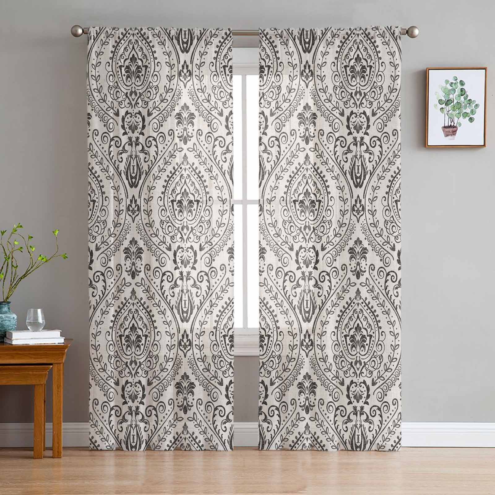 Baroque Textured Leaves Triangle Tulle Sheer Window Curtains For Living ...