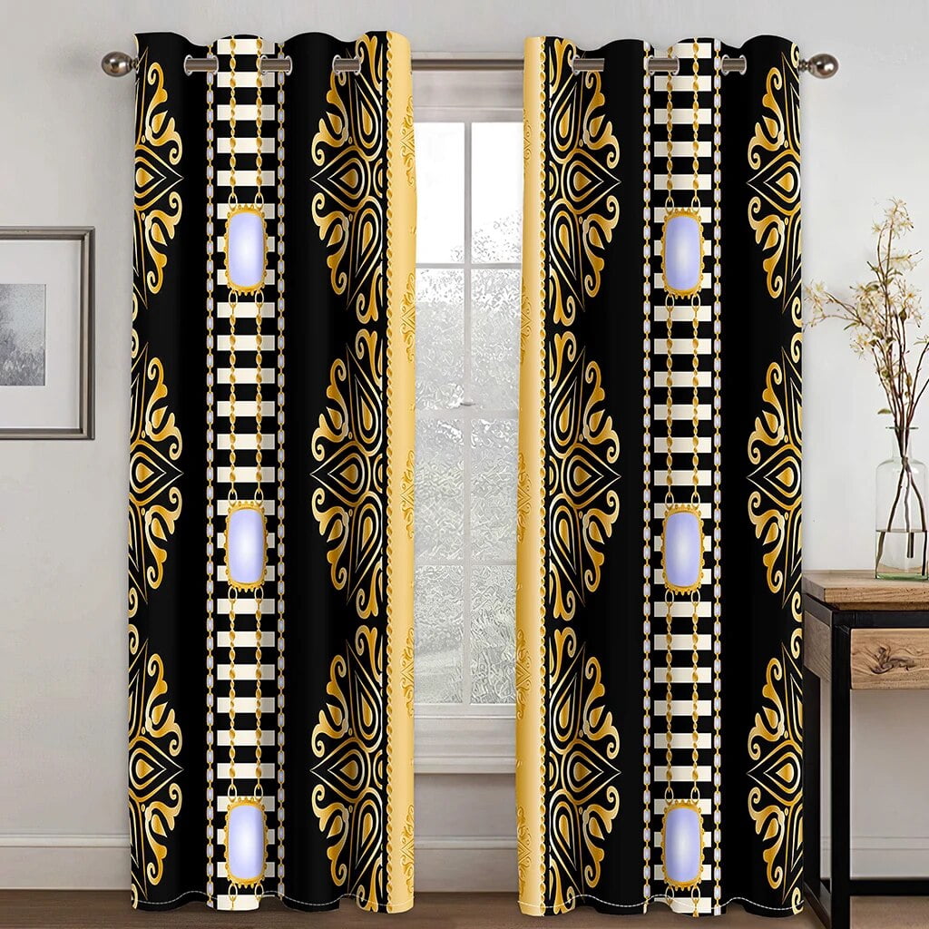 Baroque Two Drape Modern Black Gold Design Thin Curtains for Living ...