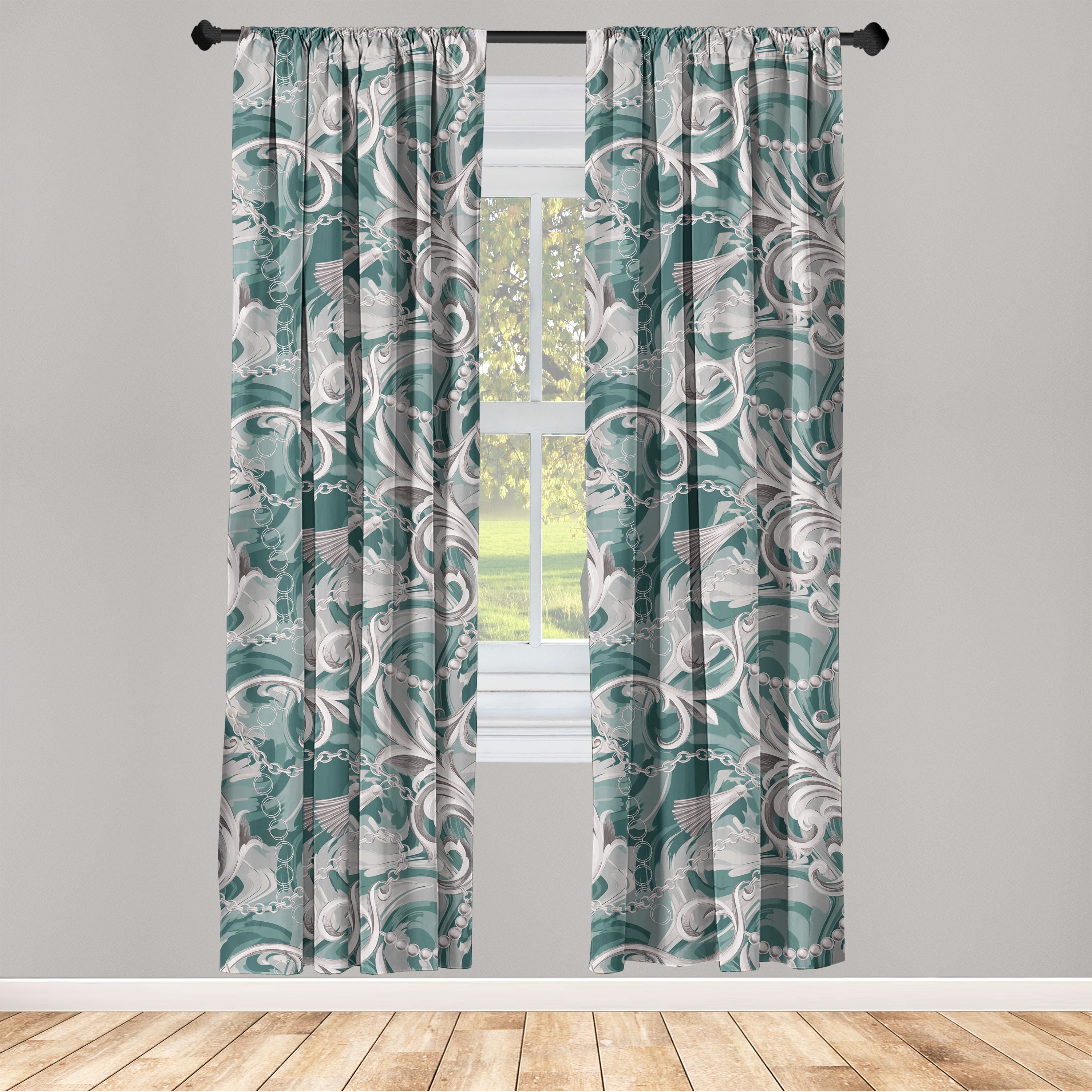 Baroque Window Curtains, Royal Floral Design Curlicue Damask Pattern on ...