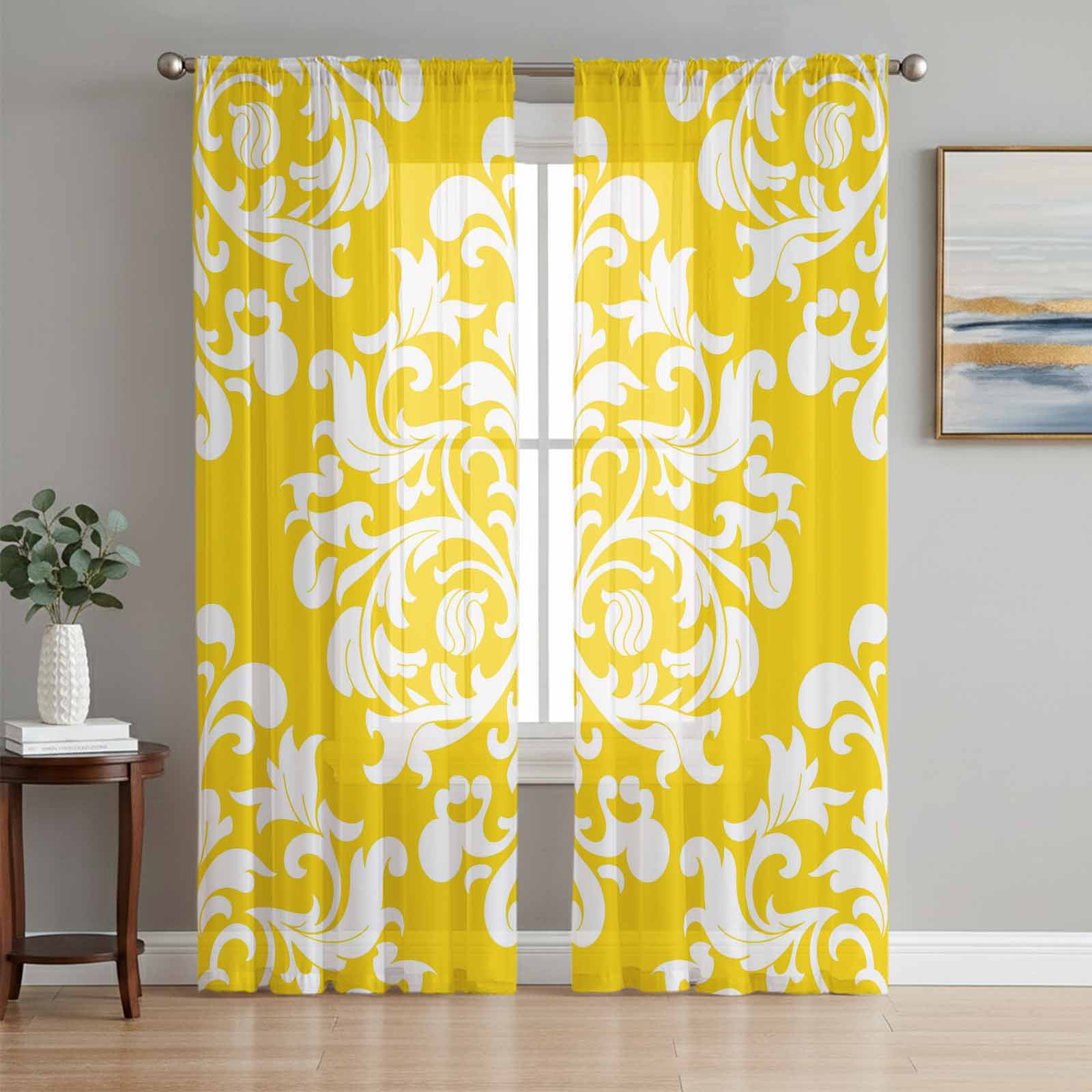 Baroque Yellow Semi Sheer Curtains 84 Inch Length 2 Panels Set, Vintage ...