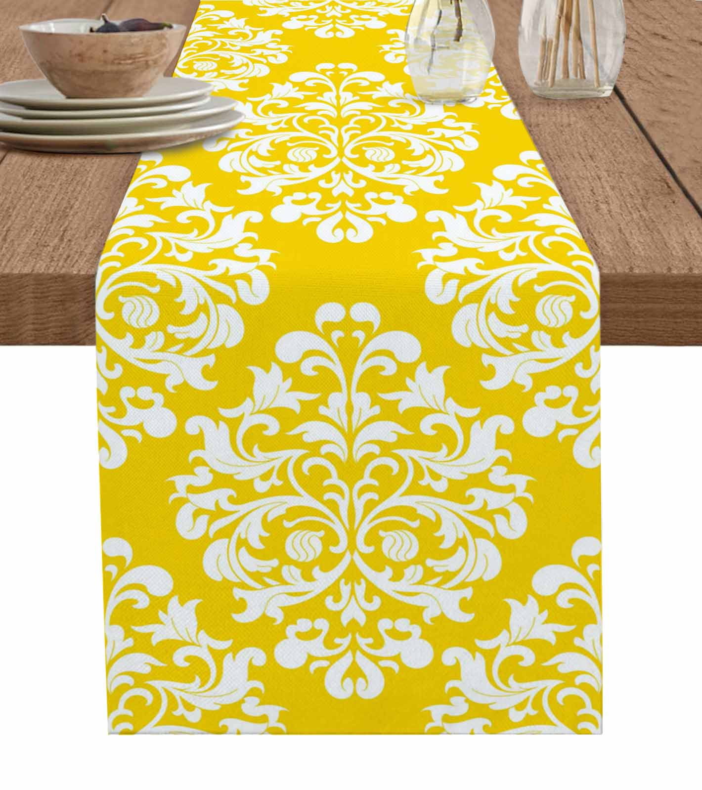 Baroque Yellow Table Runner 108 Inches, Vintage Damask Classic Floral ...
