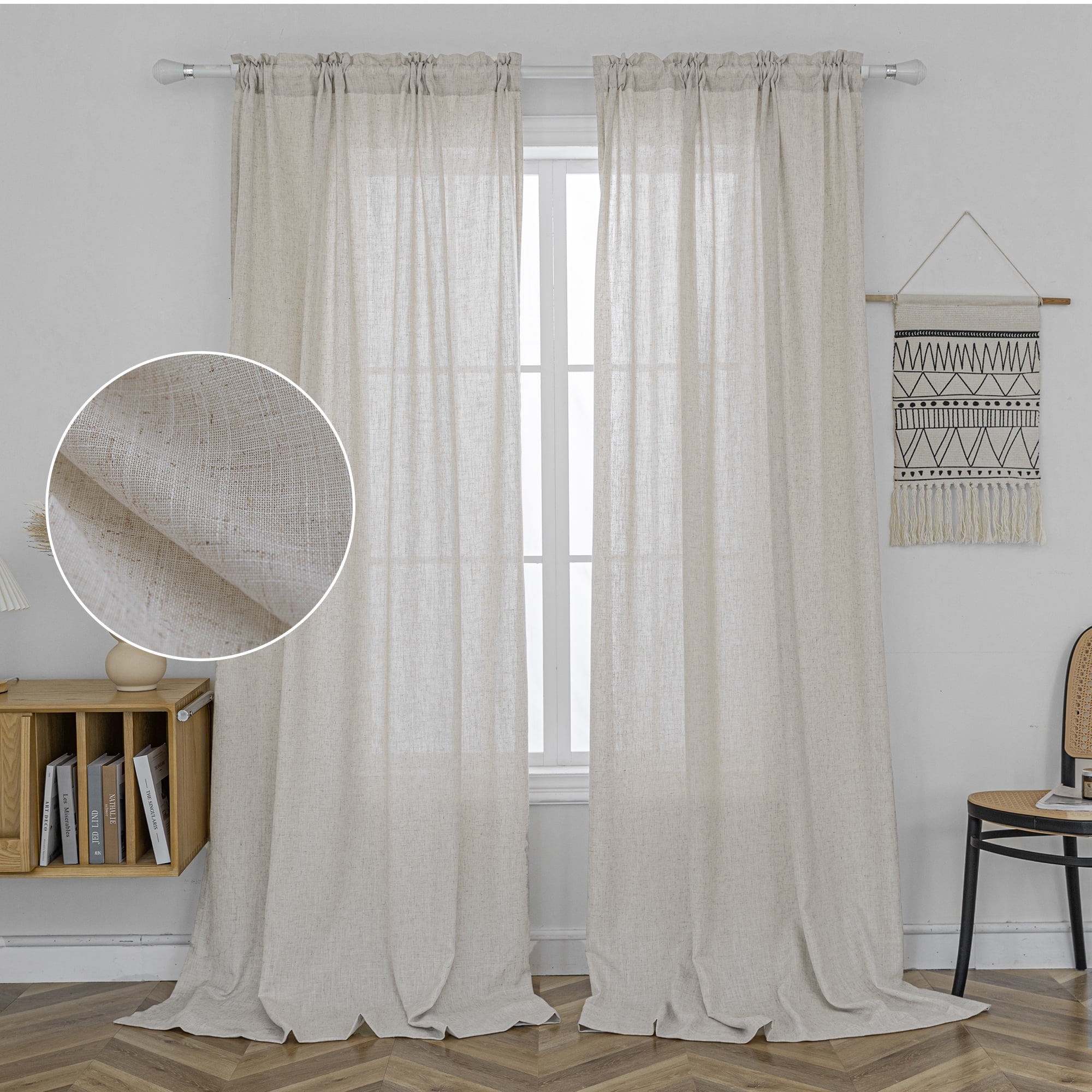 Natural Sheer Linen Curtains for Living Room 108 inch Length 2 Panels ...