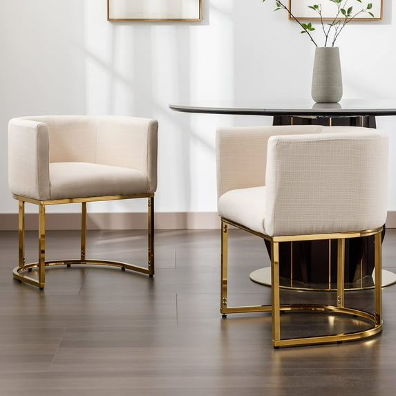 Barrel Back Dining Chairs Set of 2, Cream Linen Fabric with Golden ...