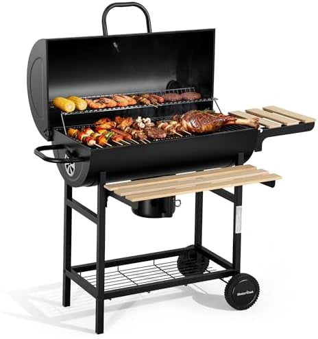 Barrel Charcoal Grill with Foldable Front Wood Shelf, Outdoor bbq Grill ...