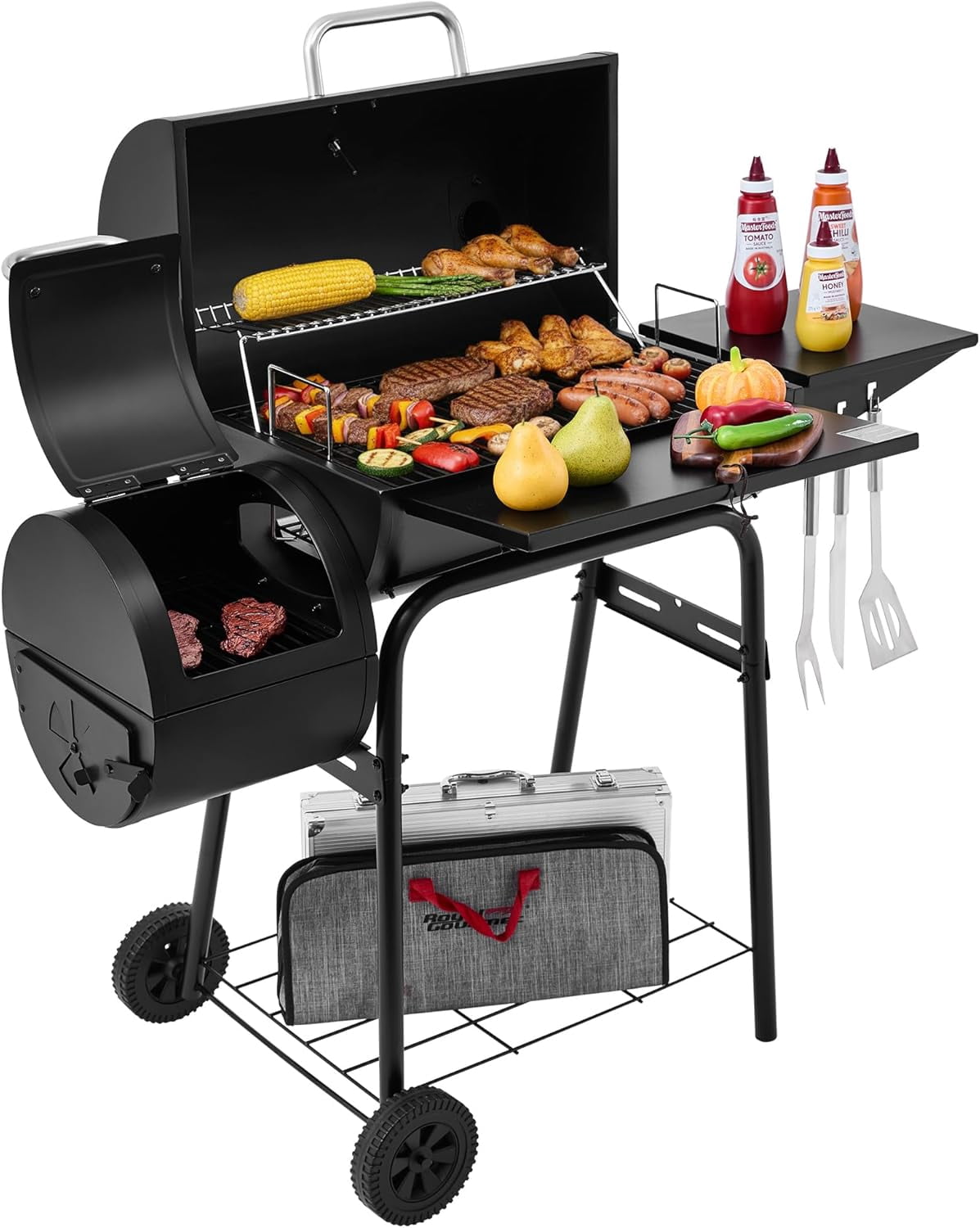 Barrel Charcoal Grill with Offset Smoker, Side Shelf with Hooks, Mesh ...