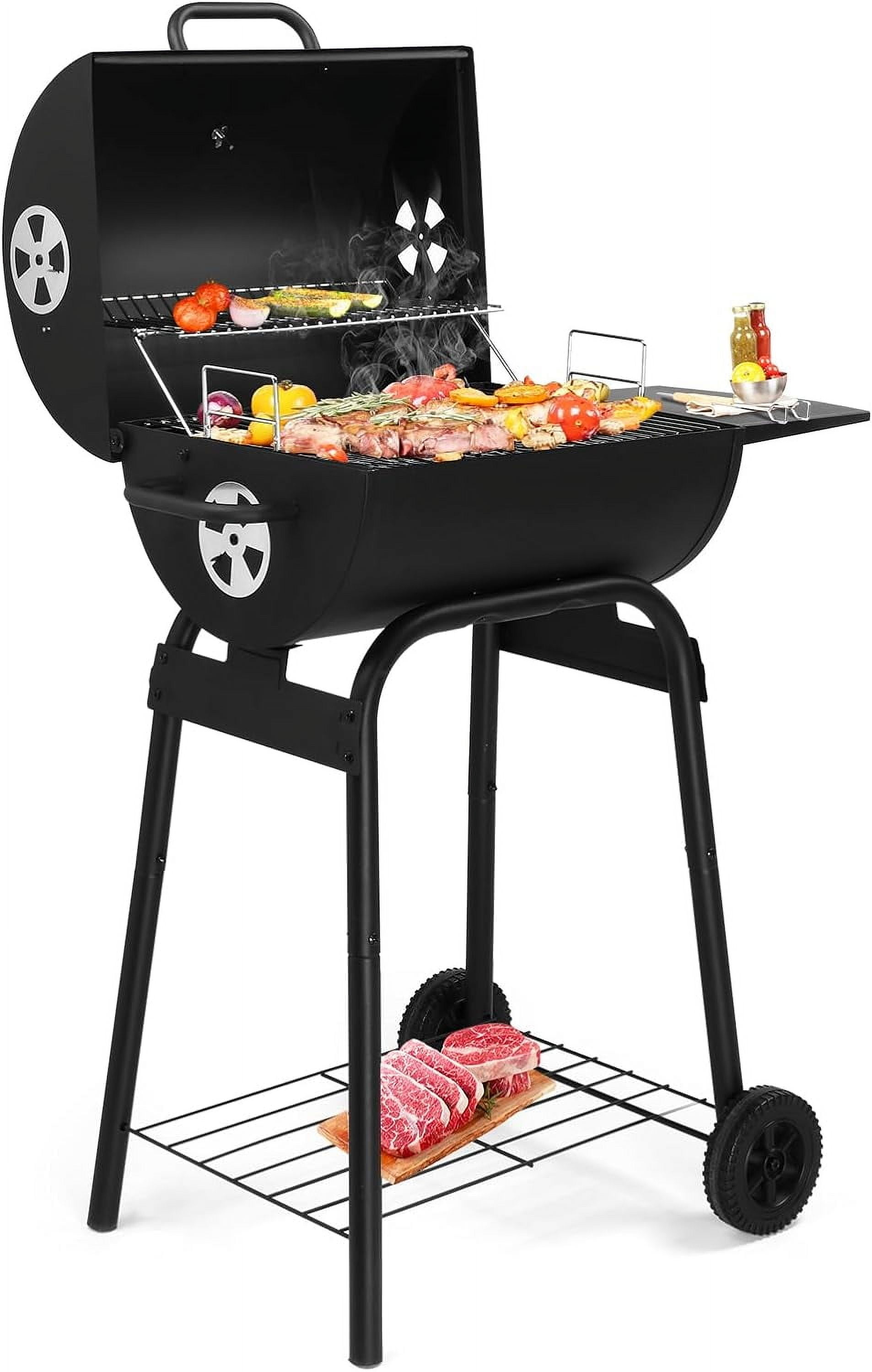 Barrel Charcoal Grill with Side Table and Wheels, Small Charcoal BBQ ...