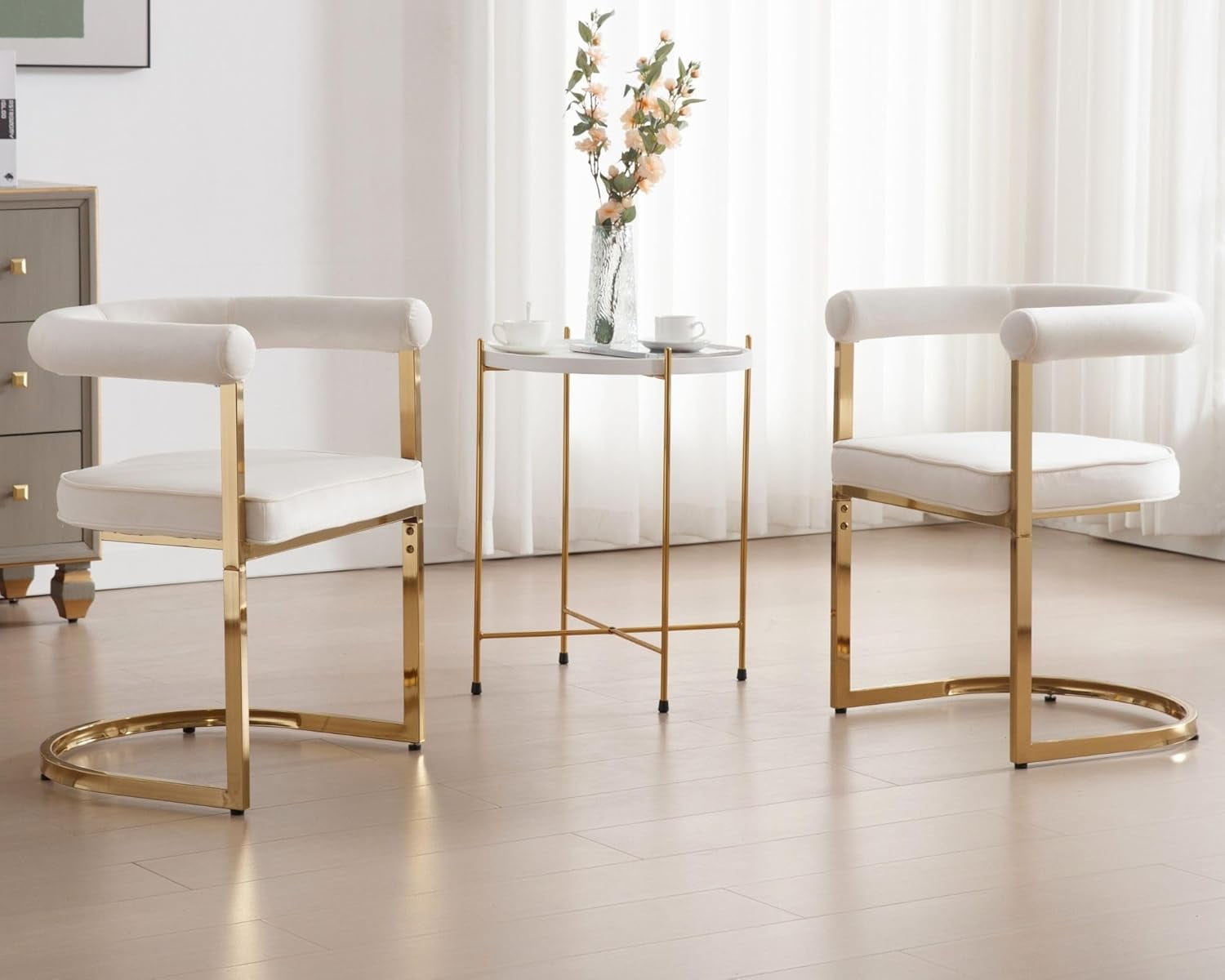 Barrel Dining Chairs Cream Velvet Dining Chairs with Golden Metal Frame ...