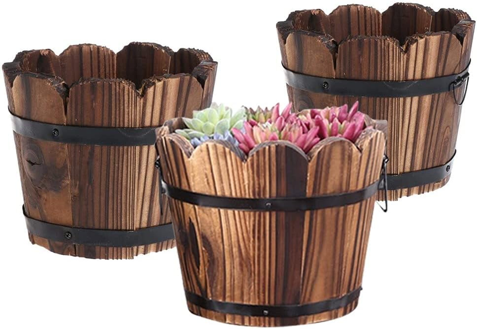 Barrel Planter Rustic Wooden Flower Pots for Indoor Outdoor Decor Real ...