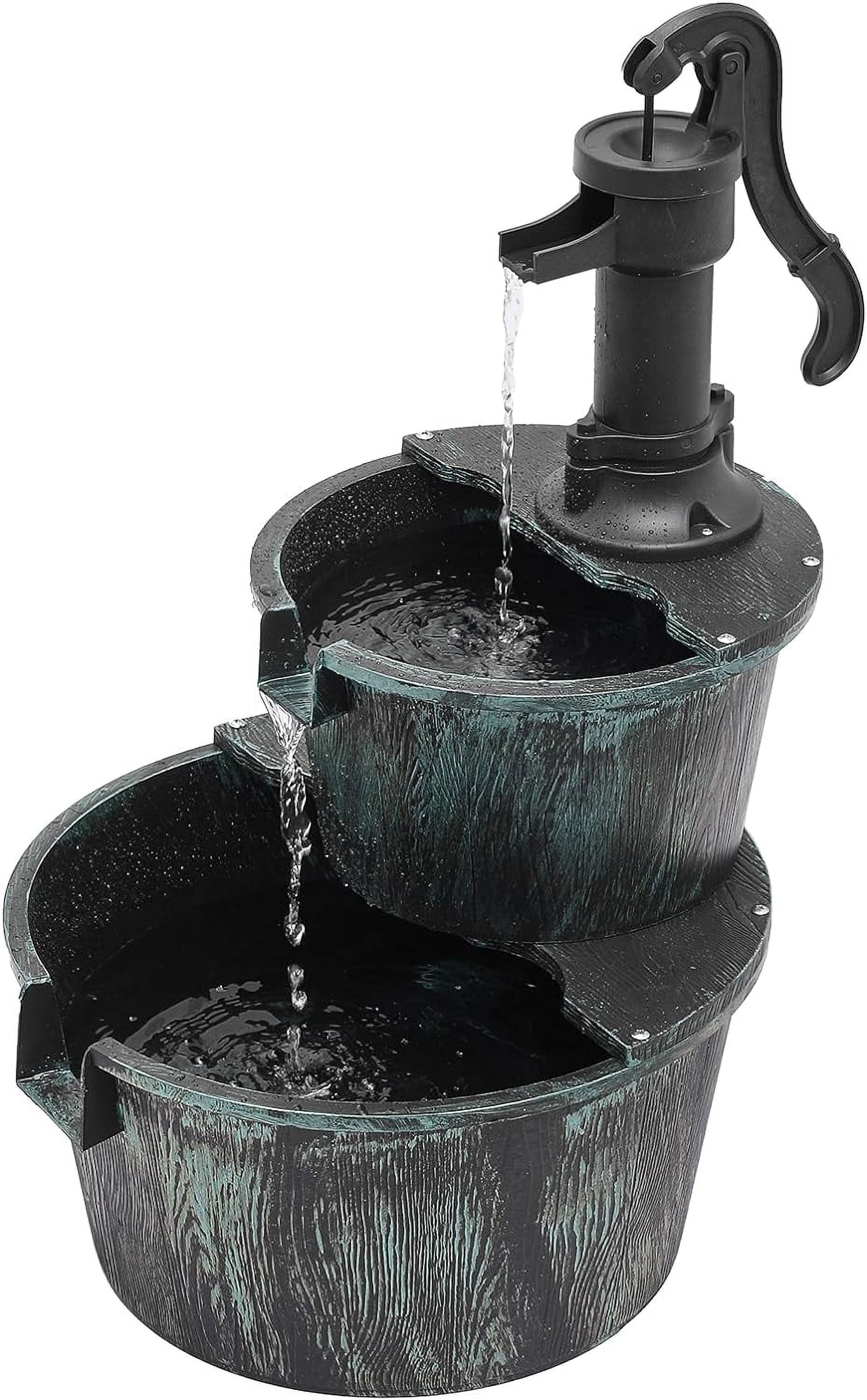 Barrel and Pump Water Fountain, Freestanding Cascading Waterfall ...